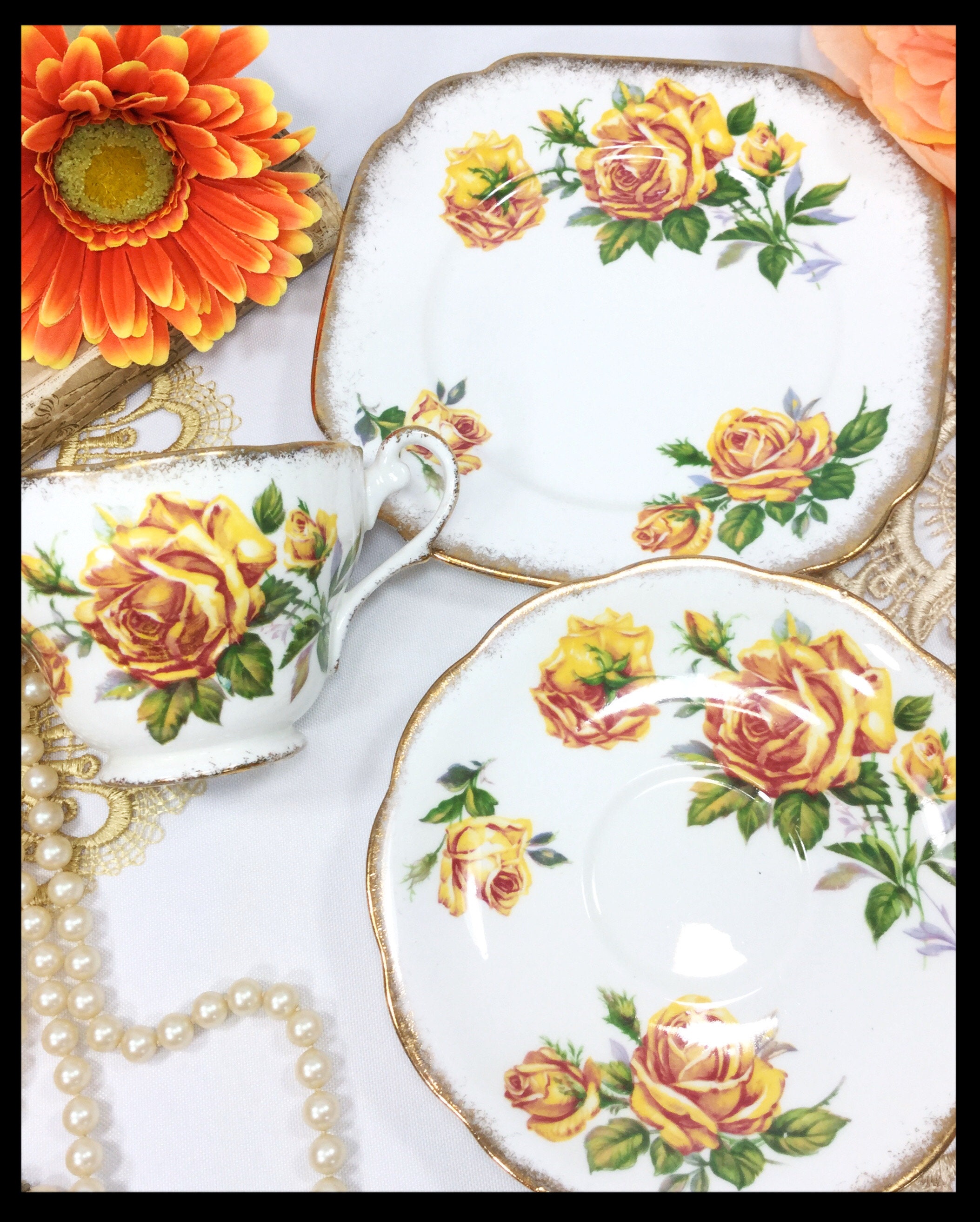 Romany Rose Royal Standard English Tea Trio, Yellow Rose Filigree Bone ...