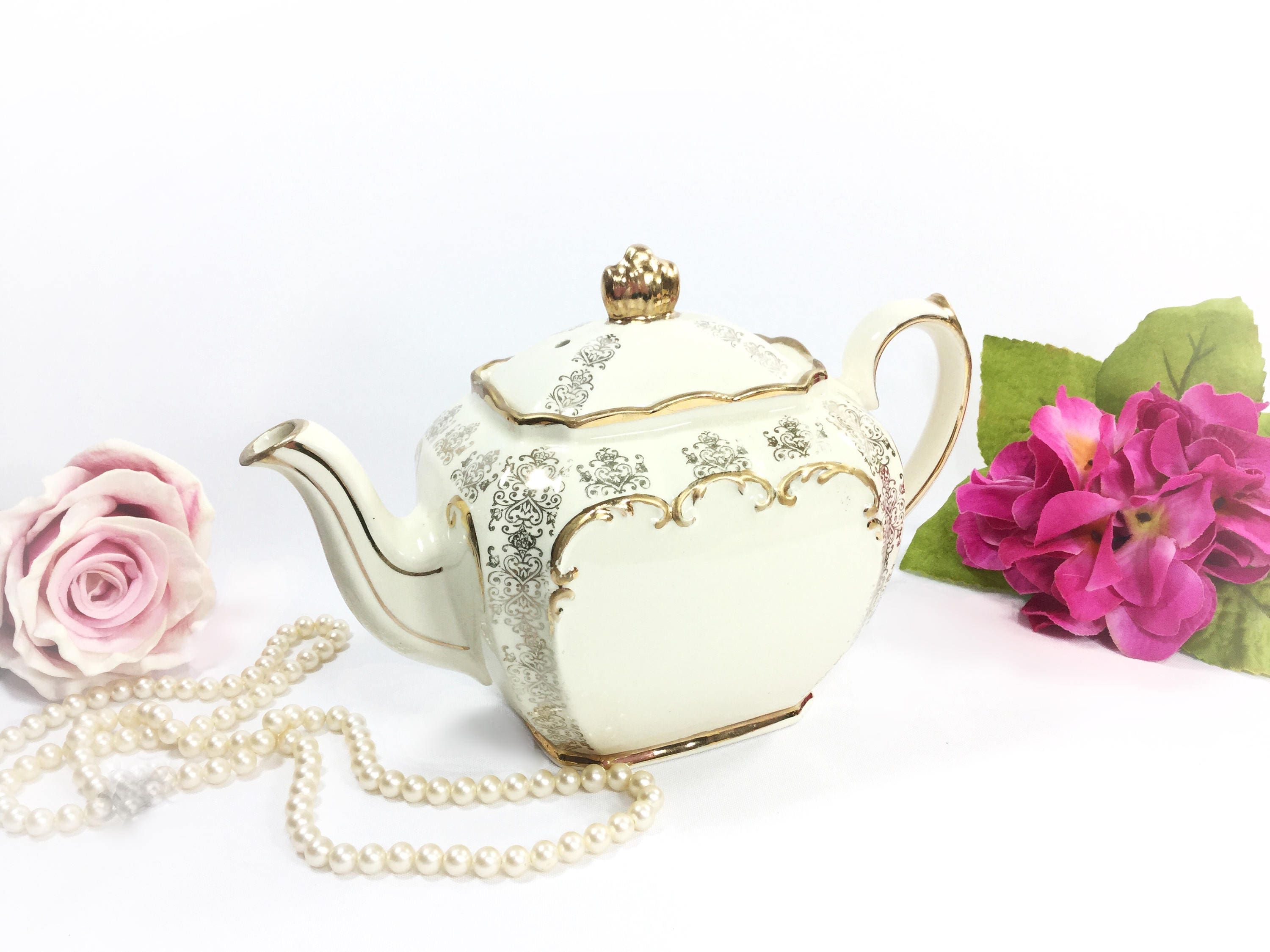 Gorgeous Cubed Sadler English Floral Gilt Teapot, Sadler Teapot, Cubed ...