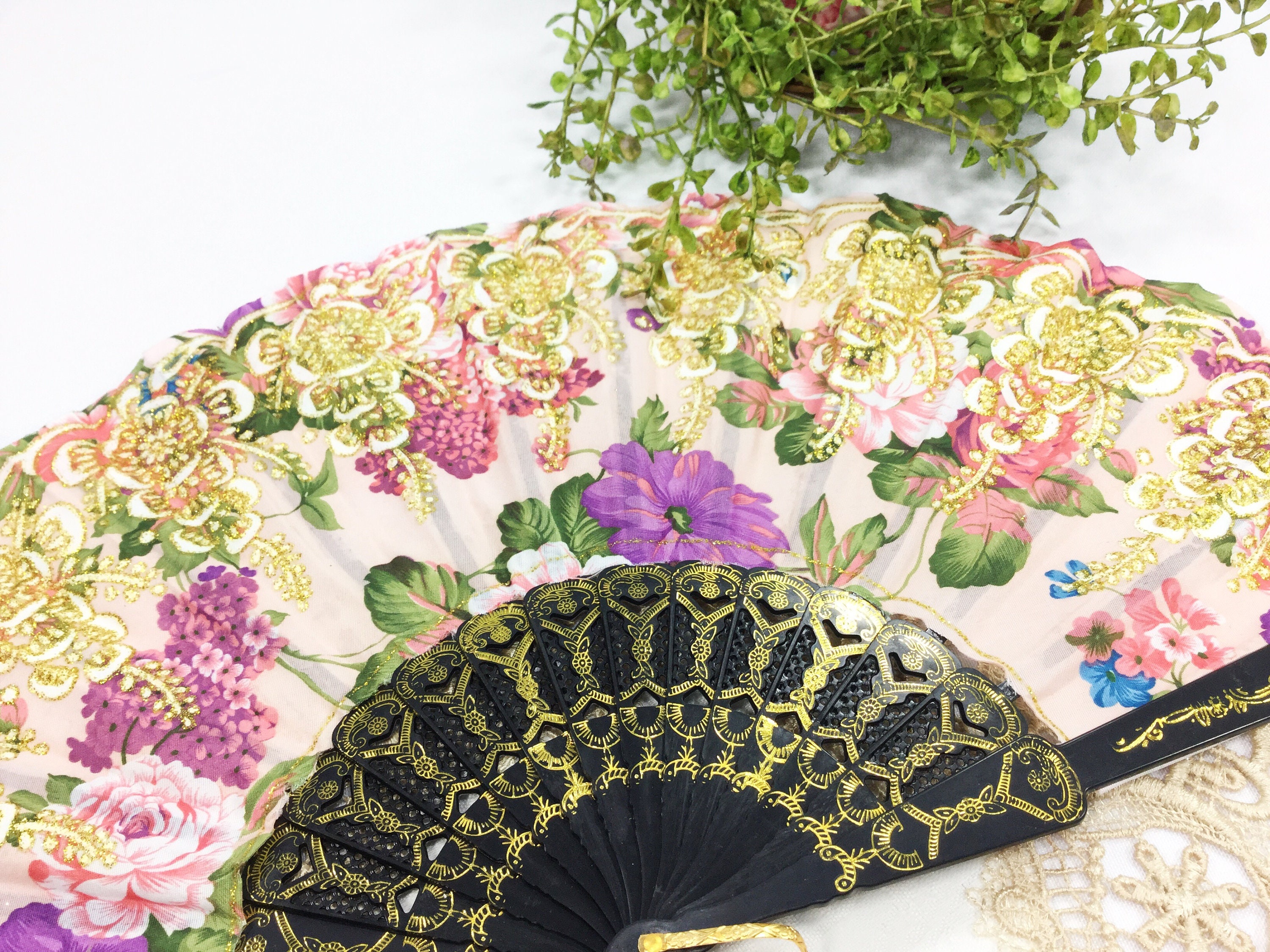 Pink & Purple Floral Folding Fan, Pink Hand Fan For Weddings, Dress up ...