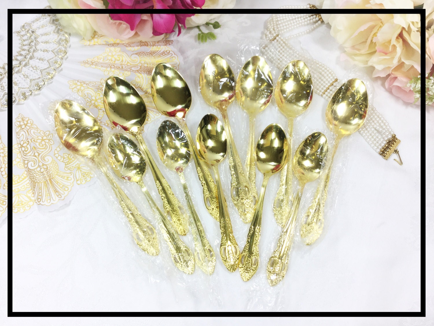 Set of 12 24K Gold Plated Spoons, 5 Gold Teaspoons, 7 Table Spoons ...