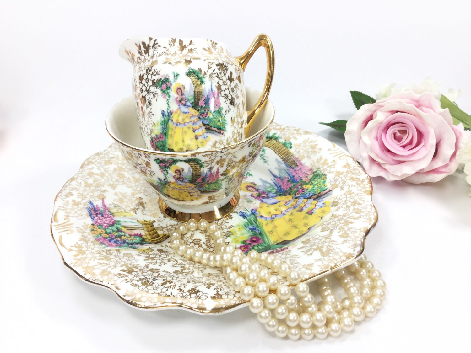 Gold Chintz Crinoline Lady Tea Trio, Garden House Bone China Teaset ...