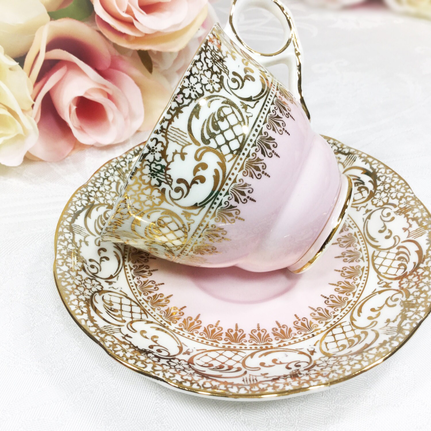Royal Stafford English Tea Cup and Saucer, Pink & Gold Lace Bone China ...