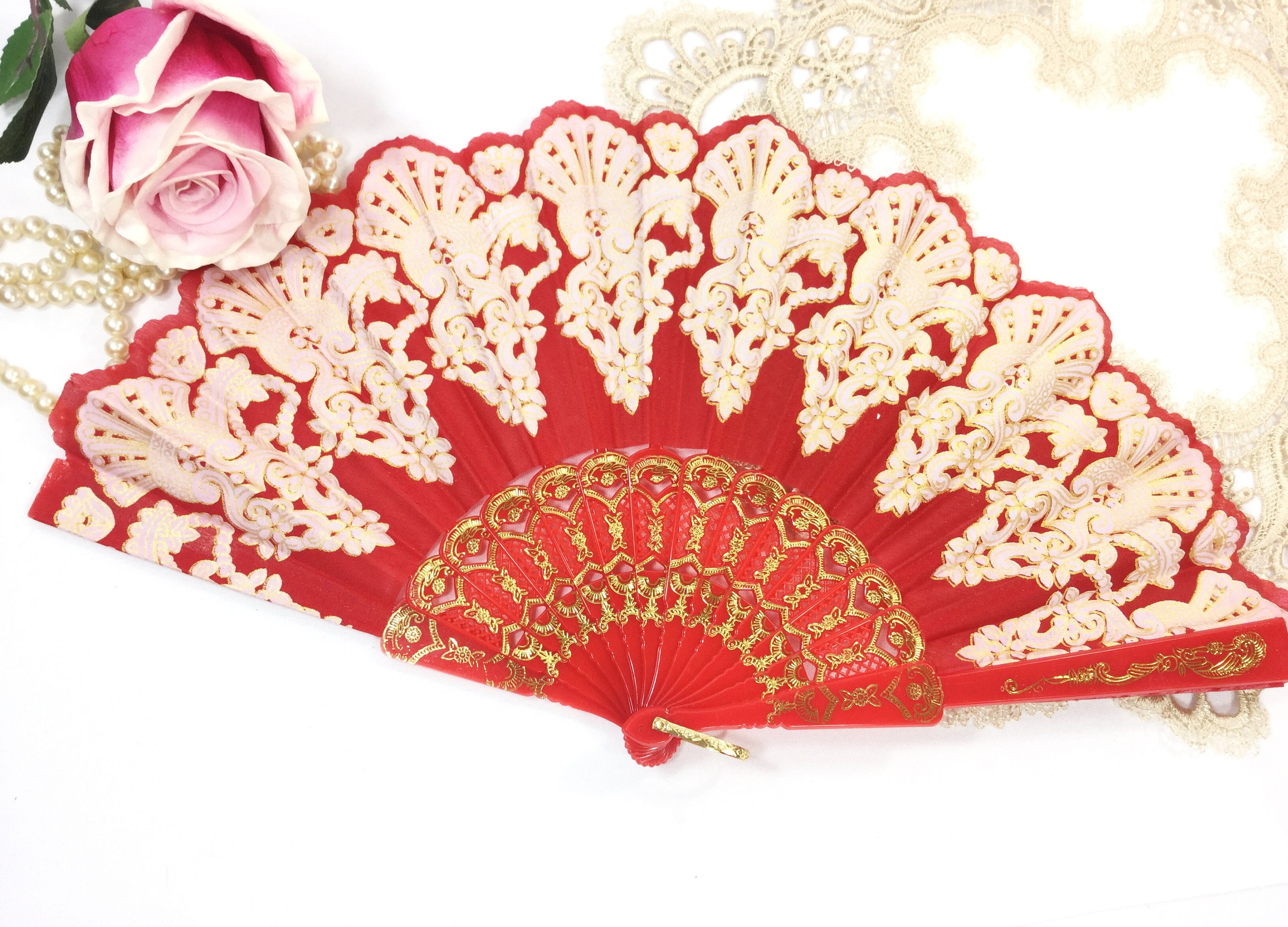 Deep Red Gold Spanish Floral Folding Fan For Weddings, Dress up, Bridal ...