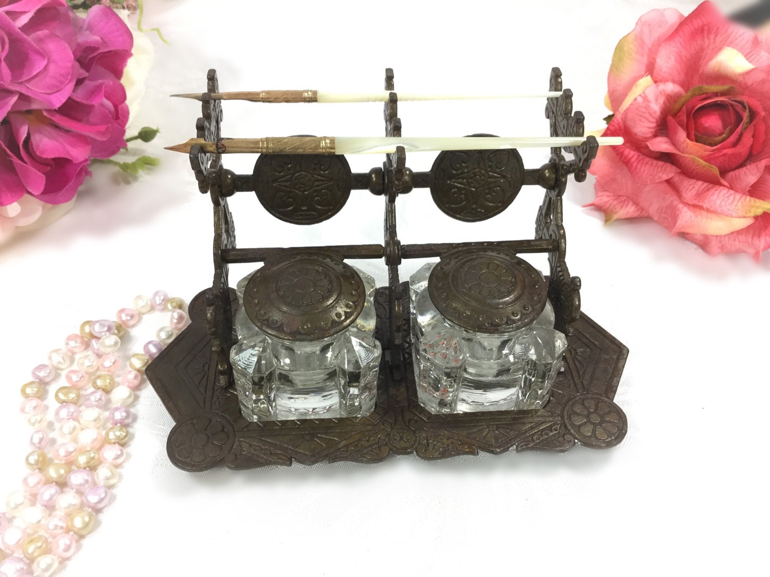 Antique Judd Cast Iron Double Inkwell Set, 1879 Judd Cast Iron Double ...