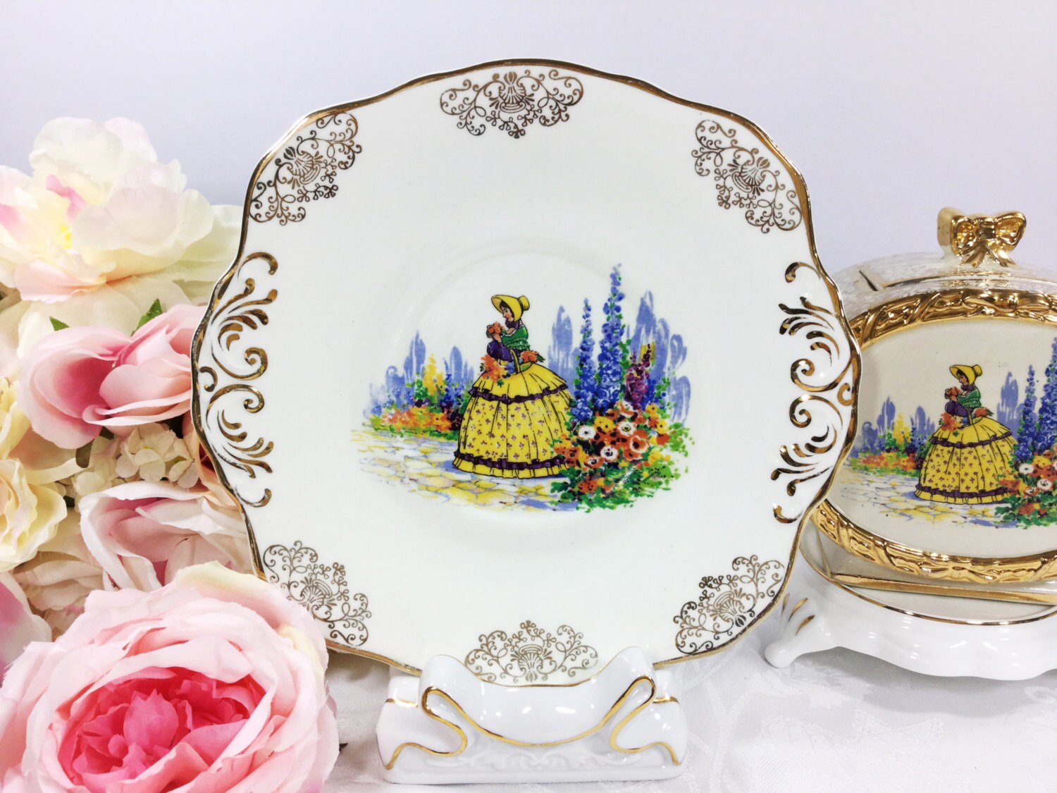 RESERVED- Crinoline Lady Gold Filigree Bone China English Cake Plate ...