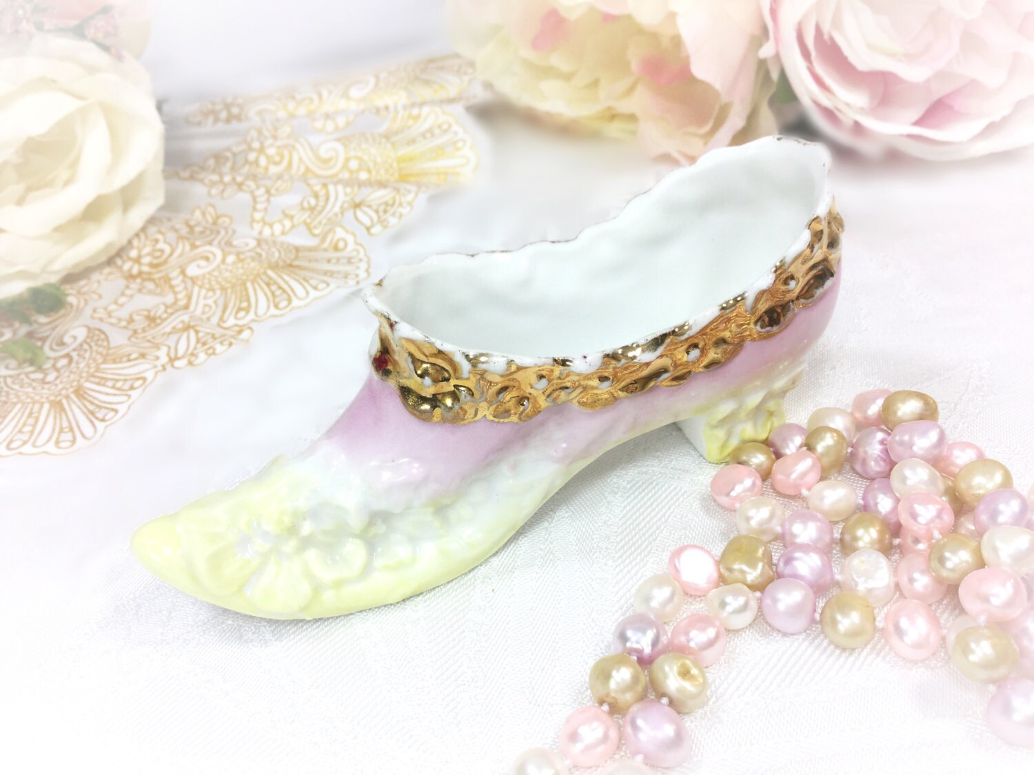 Porcelain Gilt Boot, Porcelain Shoe, Shoe Trinket Tray, Office Decor ...