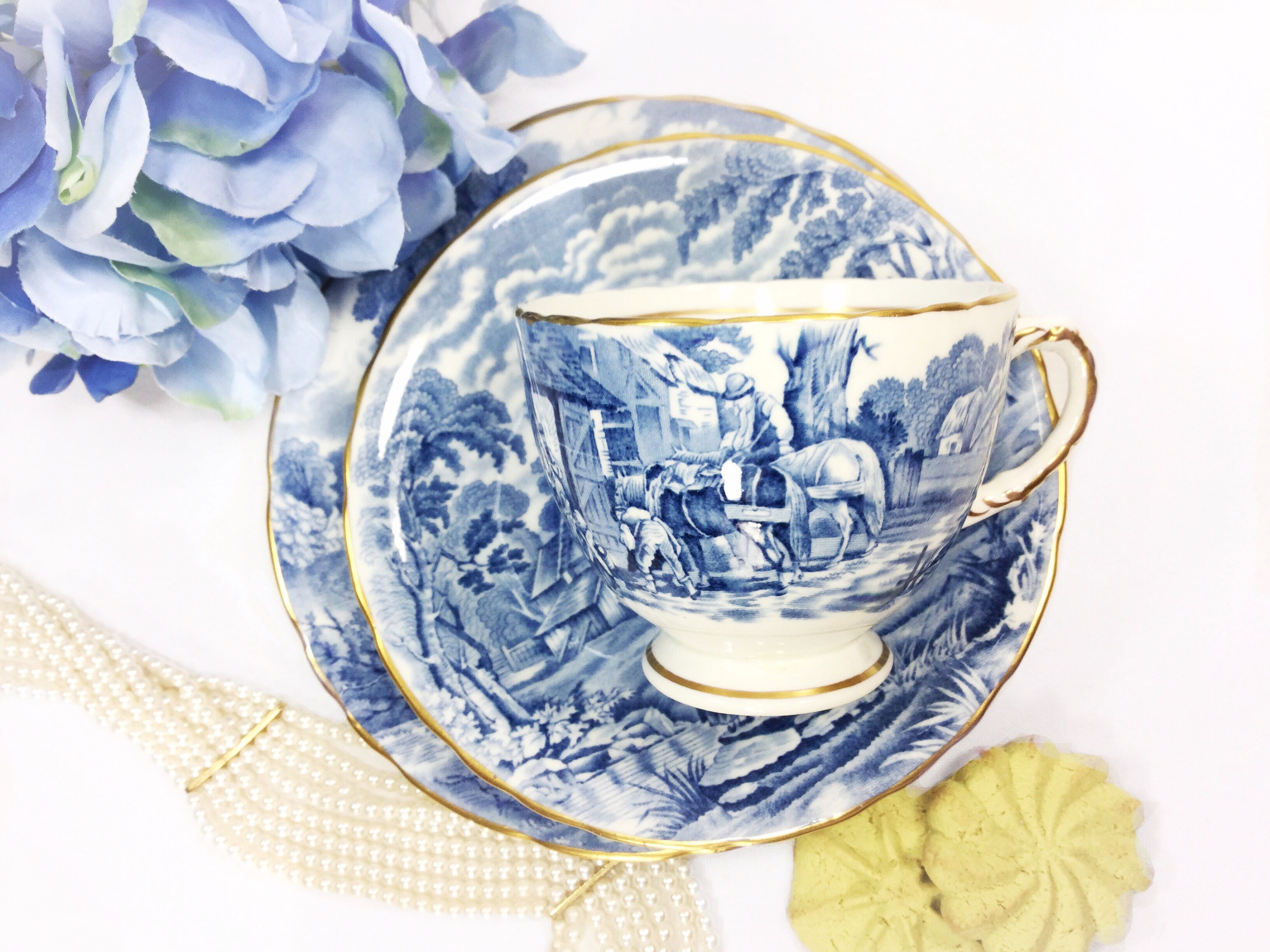 H & M Sutherland Scenic Rural Scenes Tea Trio, Blue and White Scenic ...