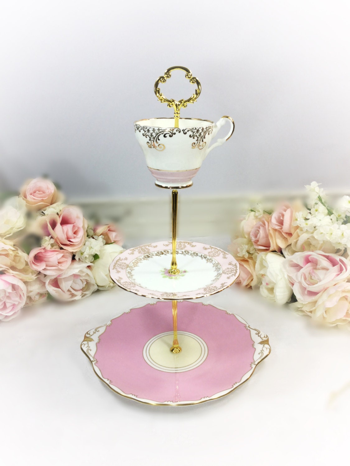 Pink Floral 3 Tier Dessert Cake Serving Tray, Sandwich Platter Serving ...