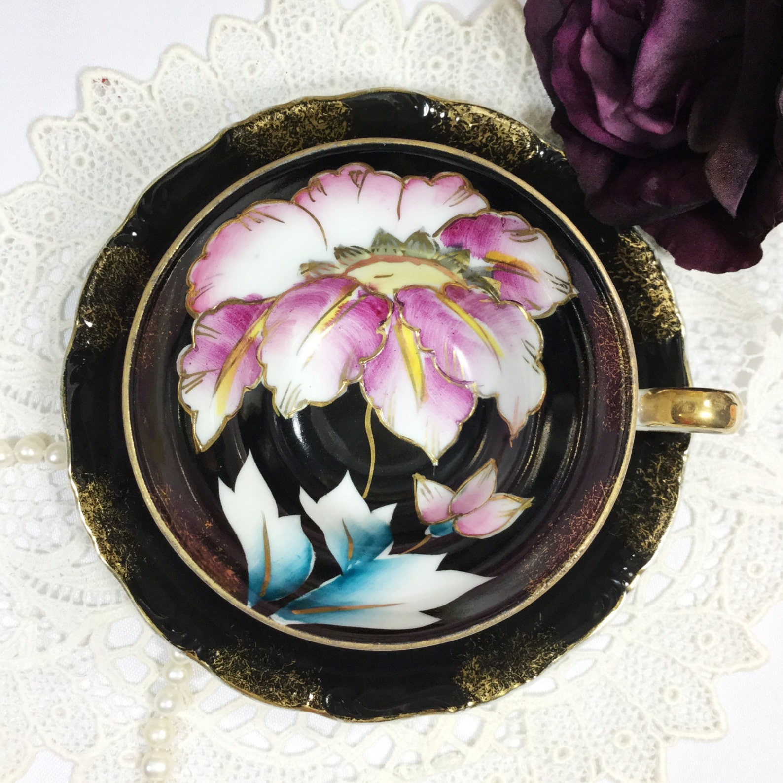 Purple Floral Black Royal Sealy China Tea Cup & Saucer Tea - Etsy