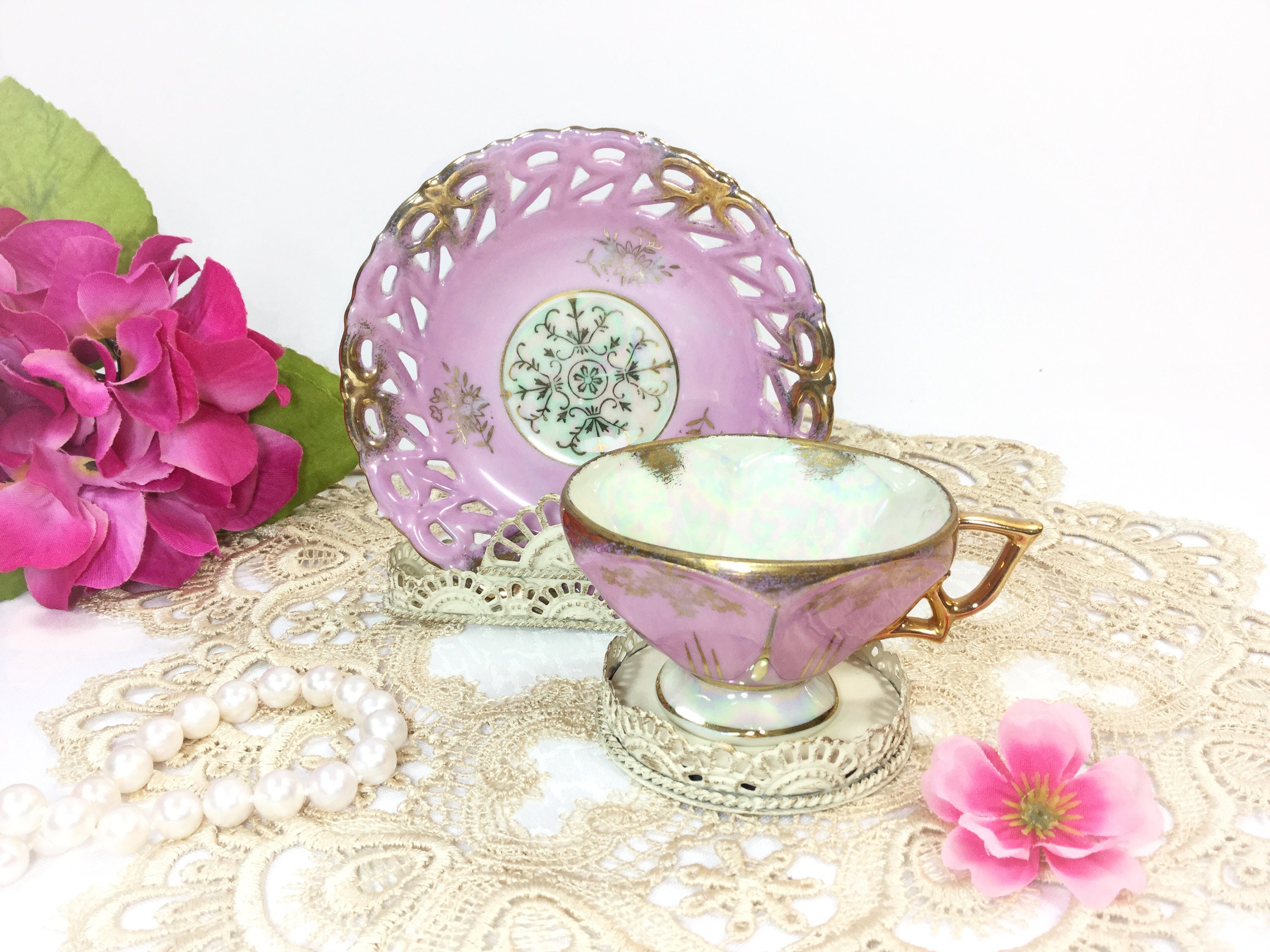 Beautiful Vintage Pink Lusterware Footed Cup & Reticulated Saucer, Pink ...