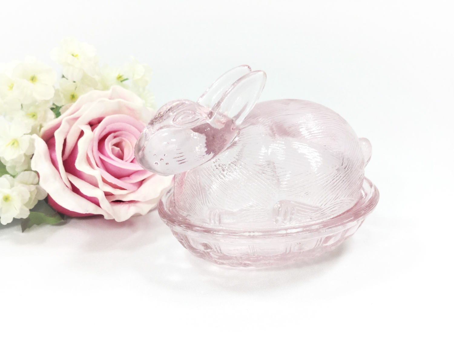 Pink Bunny Depression Glass Jar, Pink Glass Rabbit Jar, Powder Jar ...