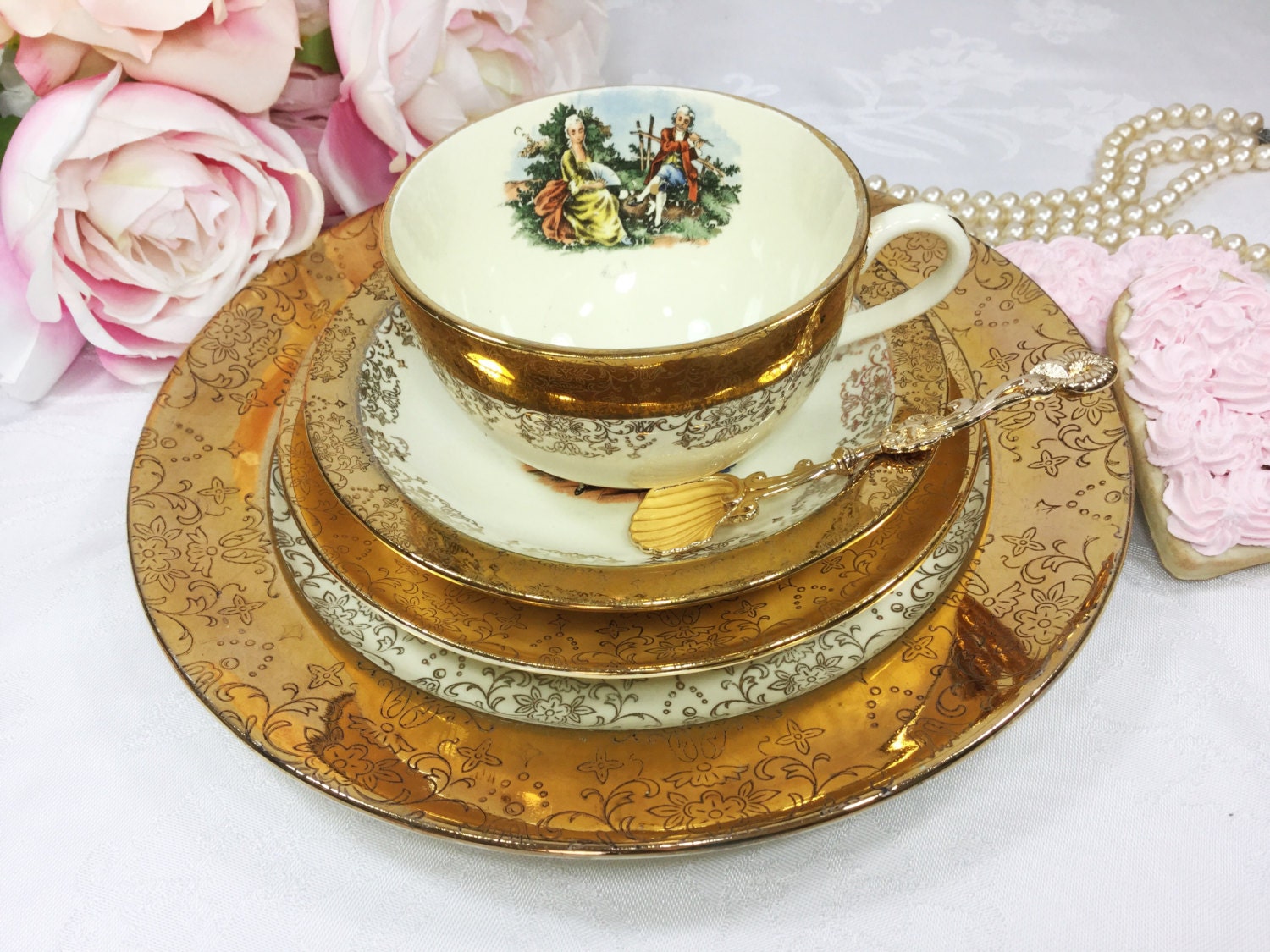 22 kt Gold Handpainted 4 Piece Colonial Couple, Fragonard, Love Story ...