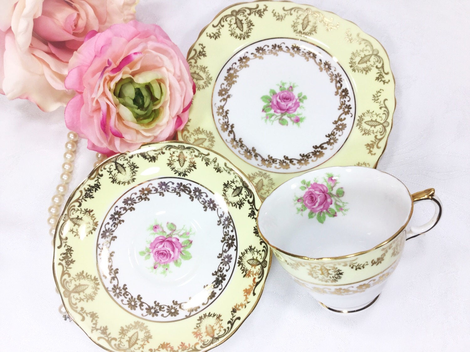 Gilt Yellow Floral English Tea Trio, Yellow Fine Bone China English Tea ...