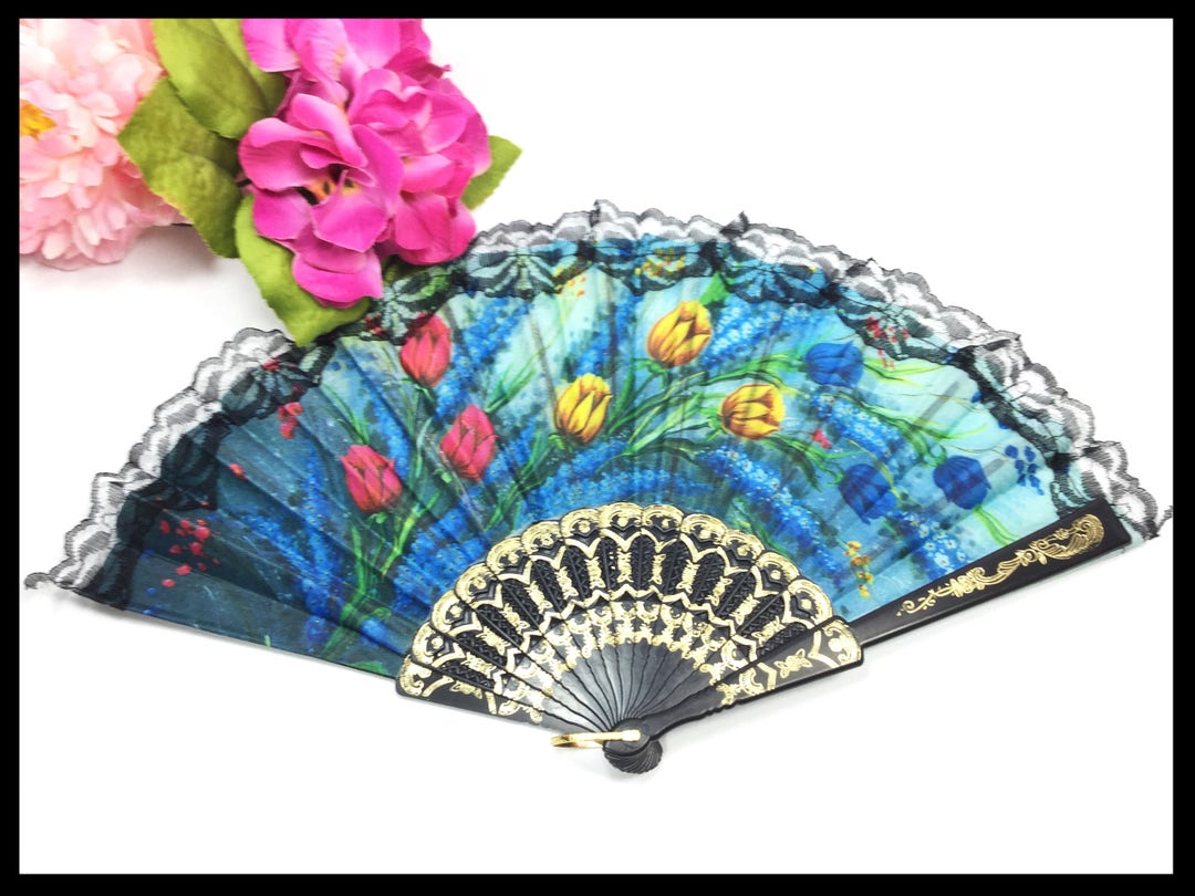 Vintage Blue Tulip Floral Spanish Folding Fan for Weddings - Etsy