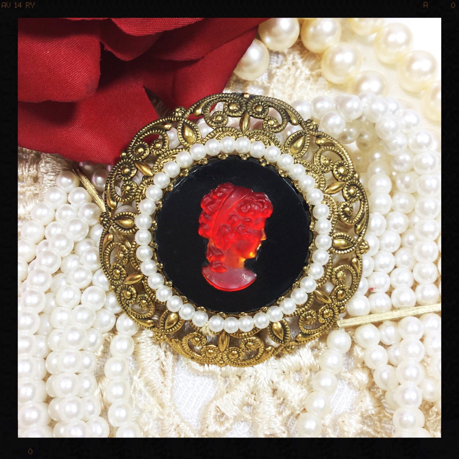 Westerm Germany Cameo, Red on Black Cameo Brooch/Pin With Pearl Border ...