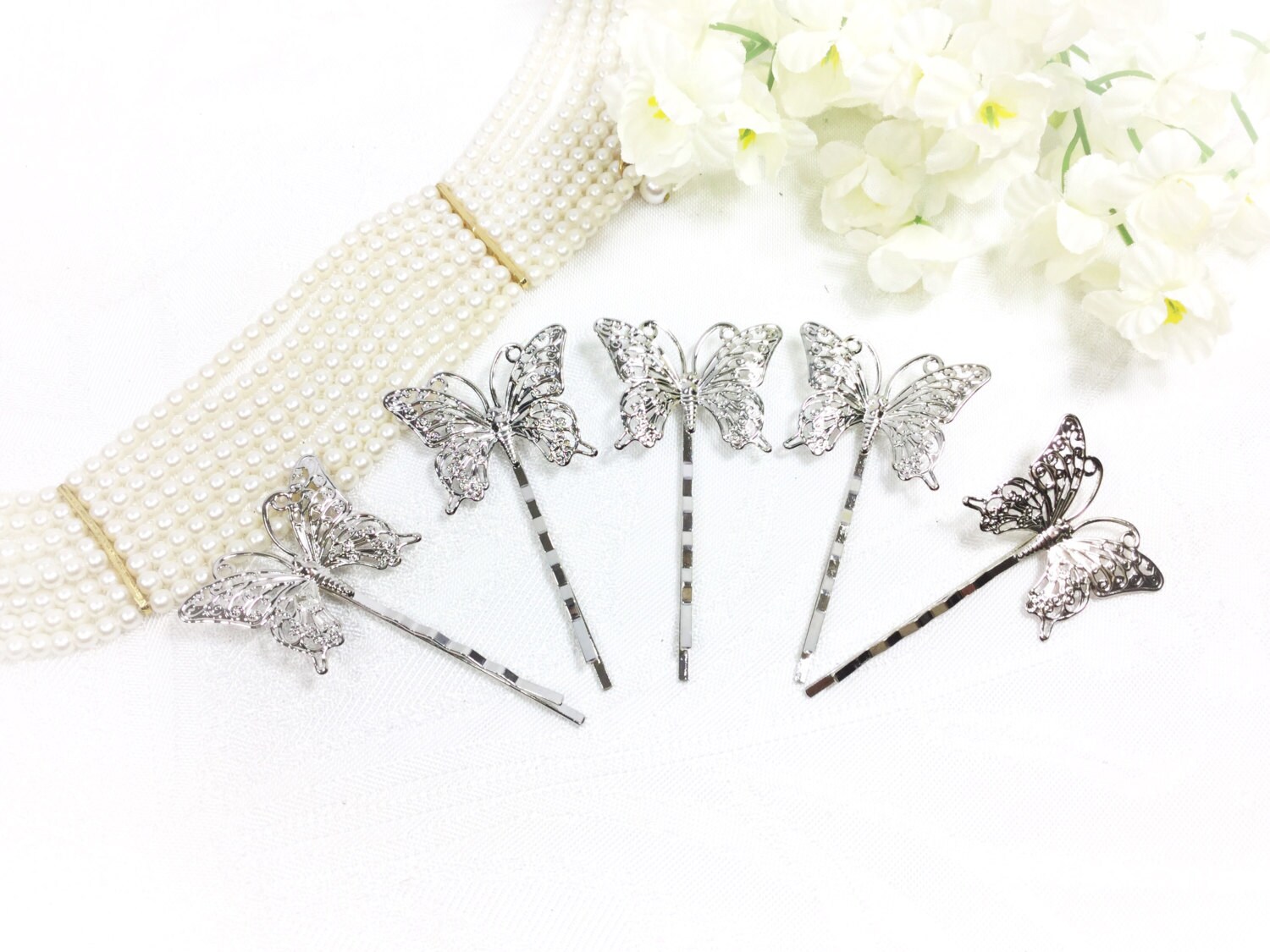 5 Pc. Silver Butterfly Hair Clips, Bobby Pins, Barrette, Vintage ...