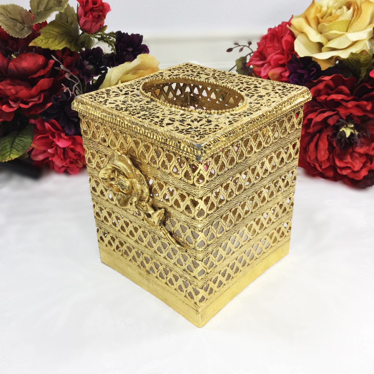 Matson Inspired Ormolu Gold Square Tissue Holder, Gold Filigree Table ...