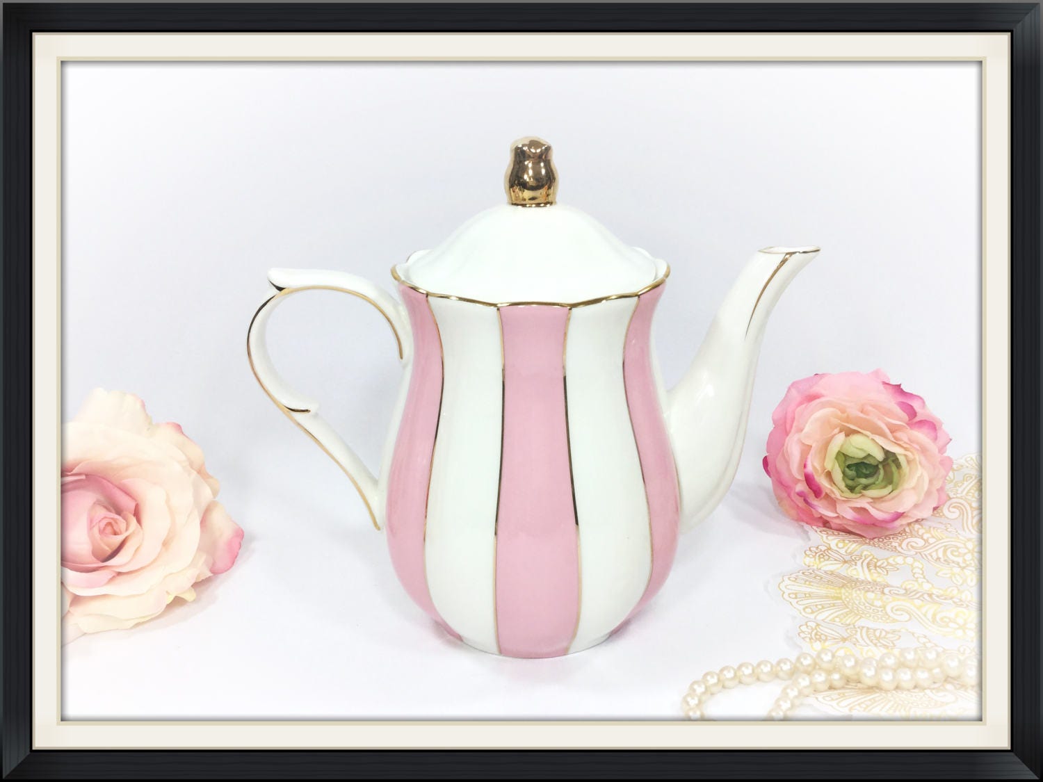 Pink White Striped Teapot for Tea Set, Pink White Striped Coffee Pot ...