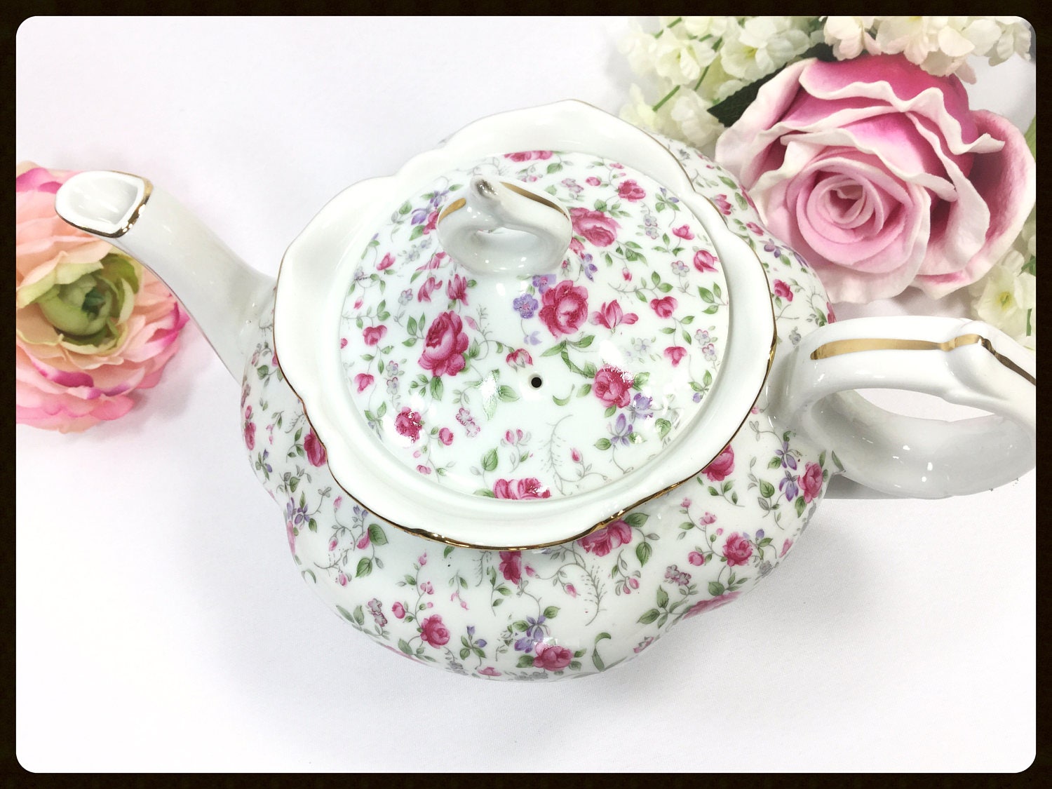 Lefton Rose Chintz Musical Teapot, Lefton Chintz Teapot Perfect for Tea ...