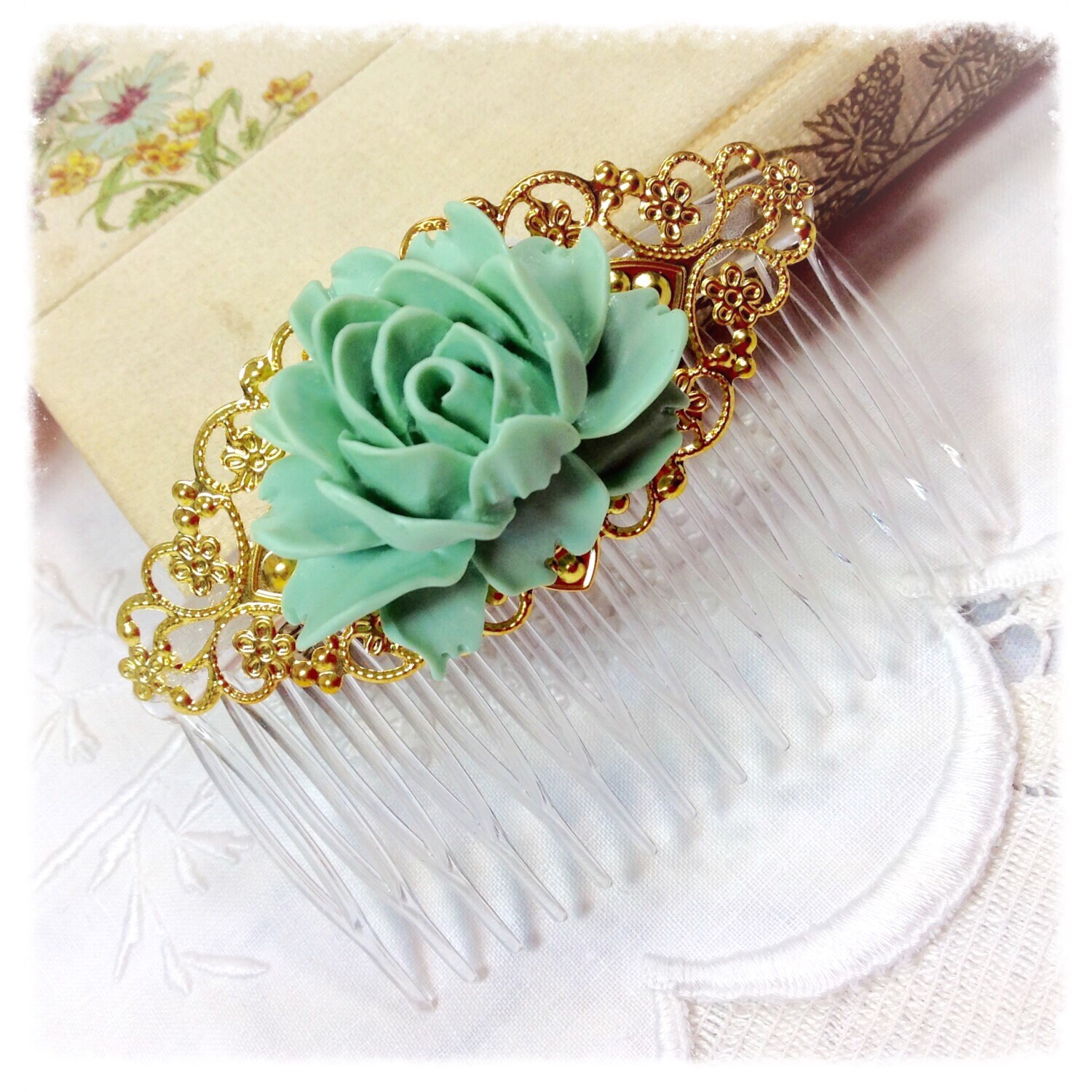 Mint Green Rose Acrylic Gold Hair Comb Pin For Valentines, Mothers Day ...