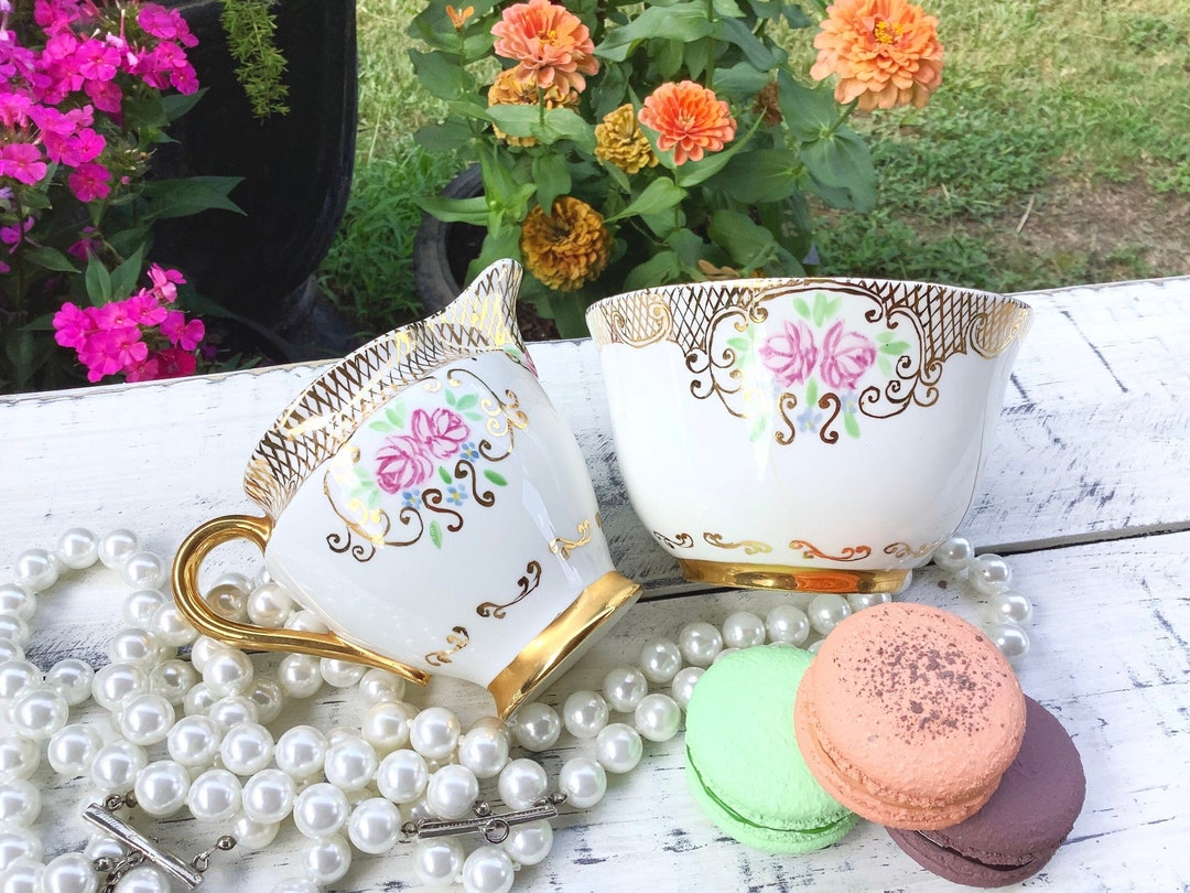 Vintage Gilded English Sugar Bowl & Creamer, Floral Sugar Bowl and ...