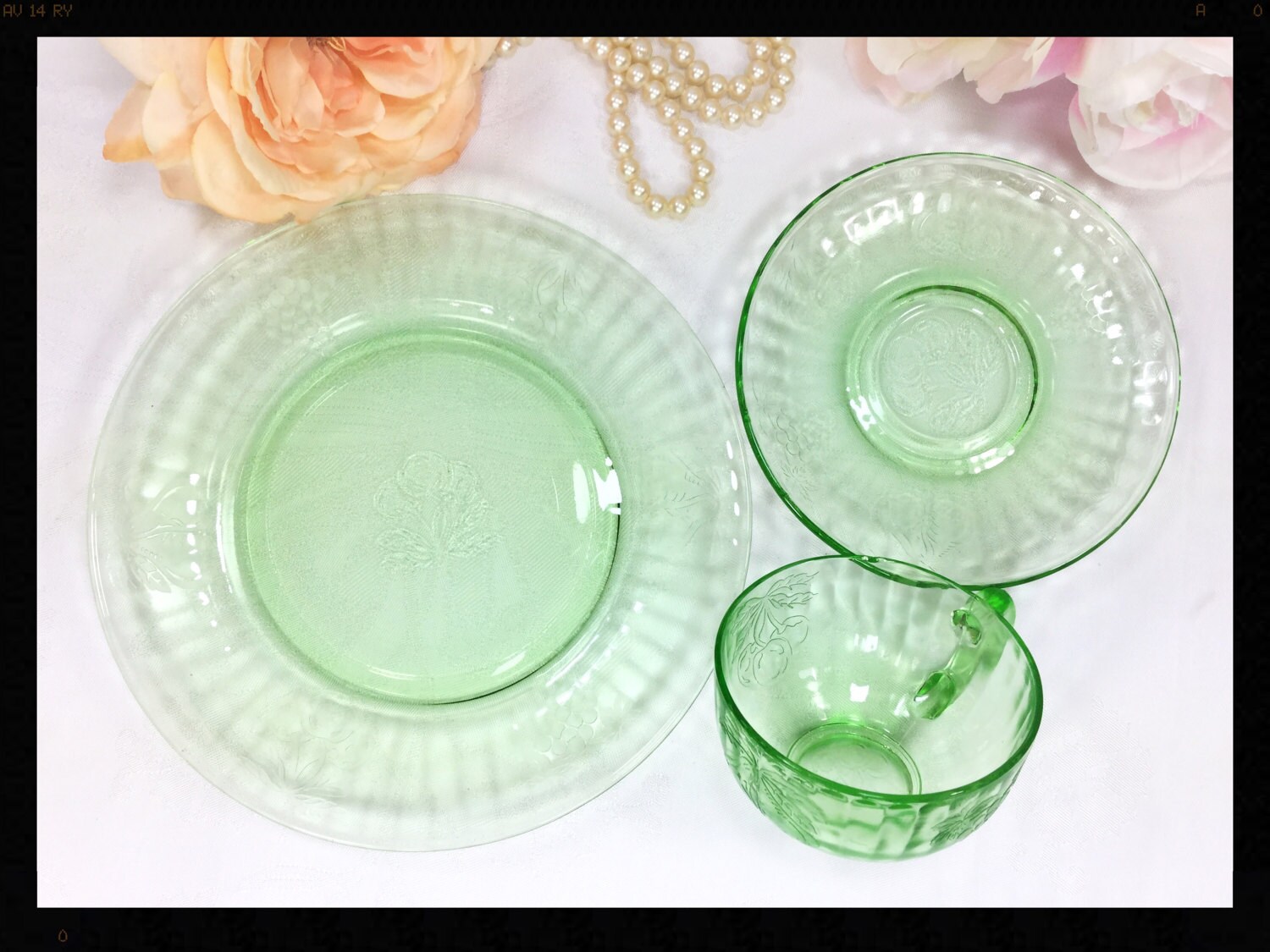 Green Depression Glass Trio, Green Depression Glass Tea Set, Depression ...