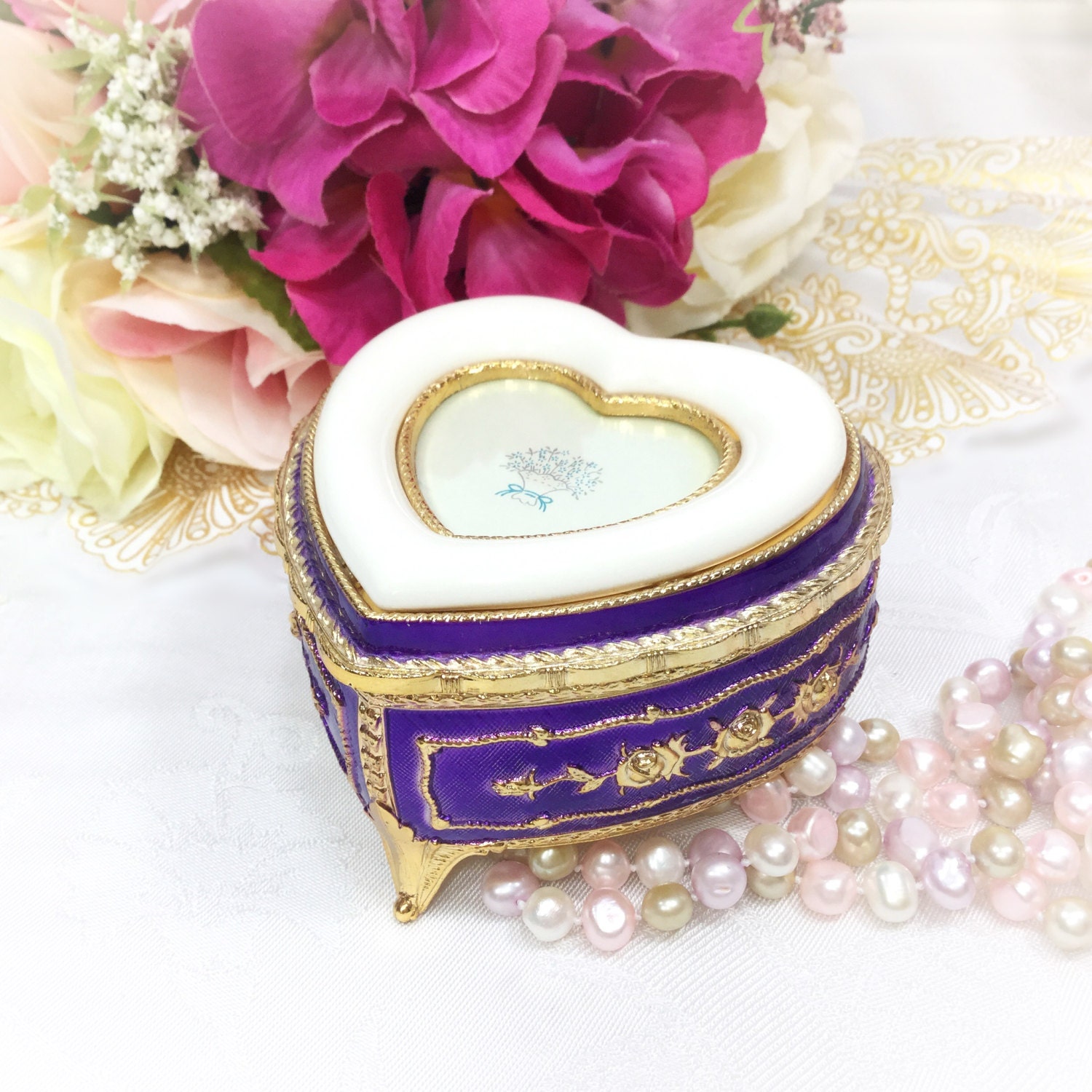 Sankyo Musical Heart Shaped Trinket Box, Photo Musical Box, Japan ...