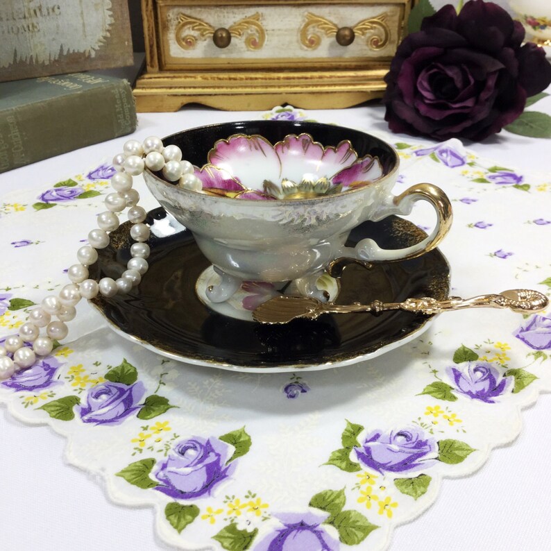 Purple Floral Black Royal Sealy China Tea Cup & Saucer Tea - Etsy