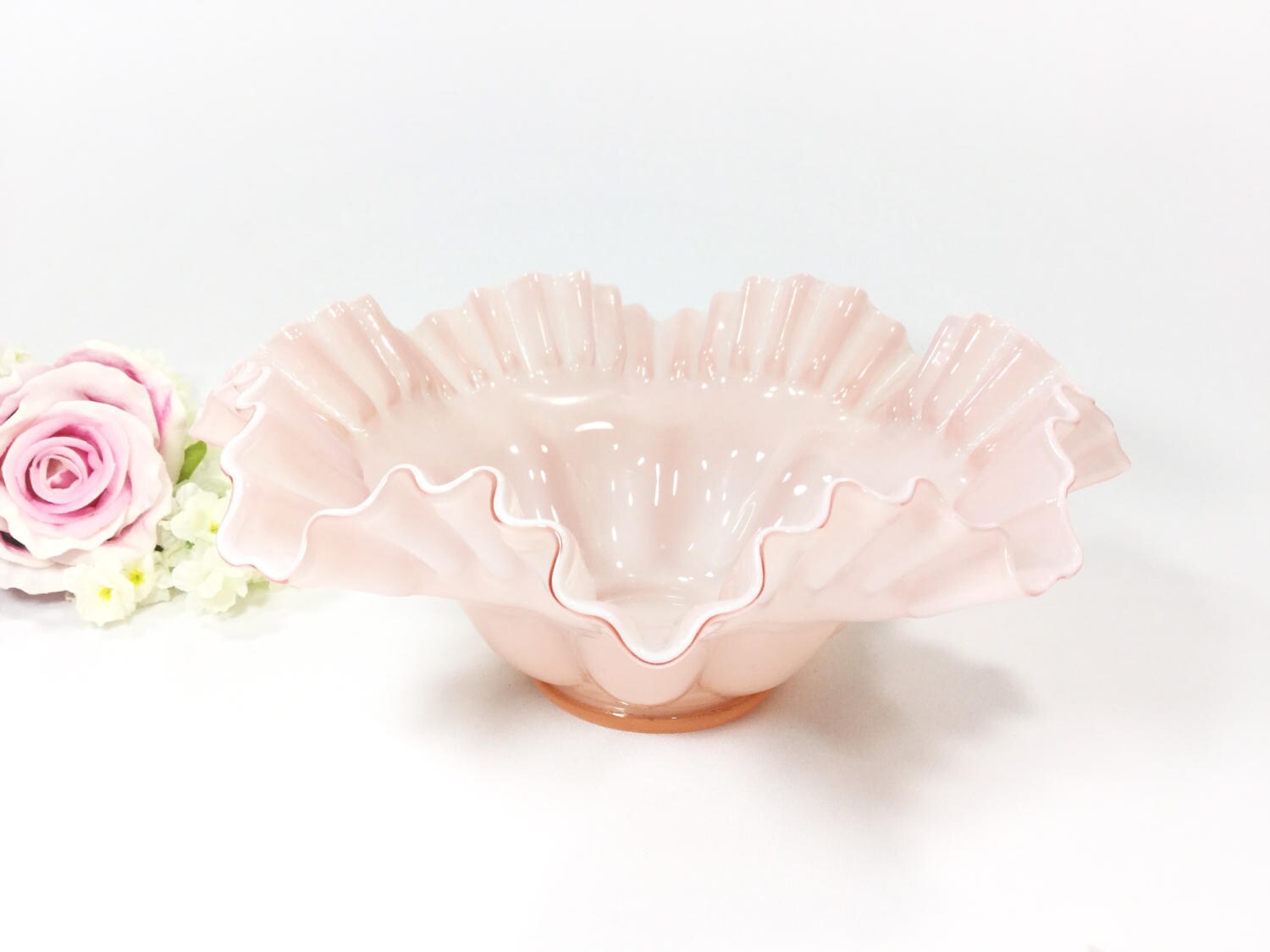 Large Fenton Pink Glass Melon Ruffle Bowl, Light Pink Melon Pattern ...