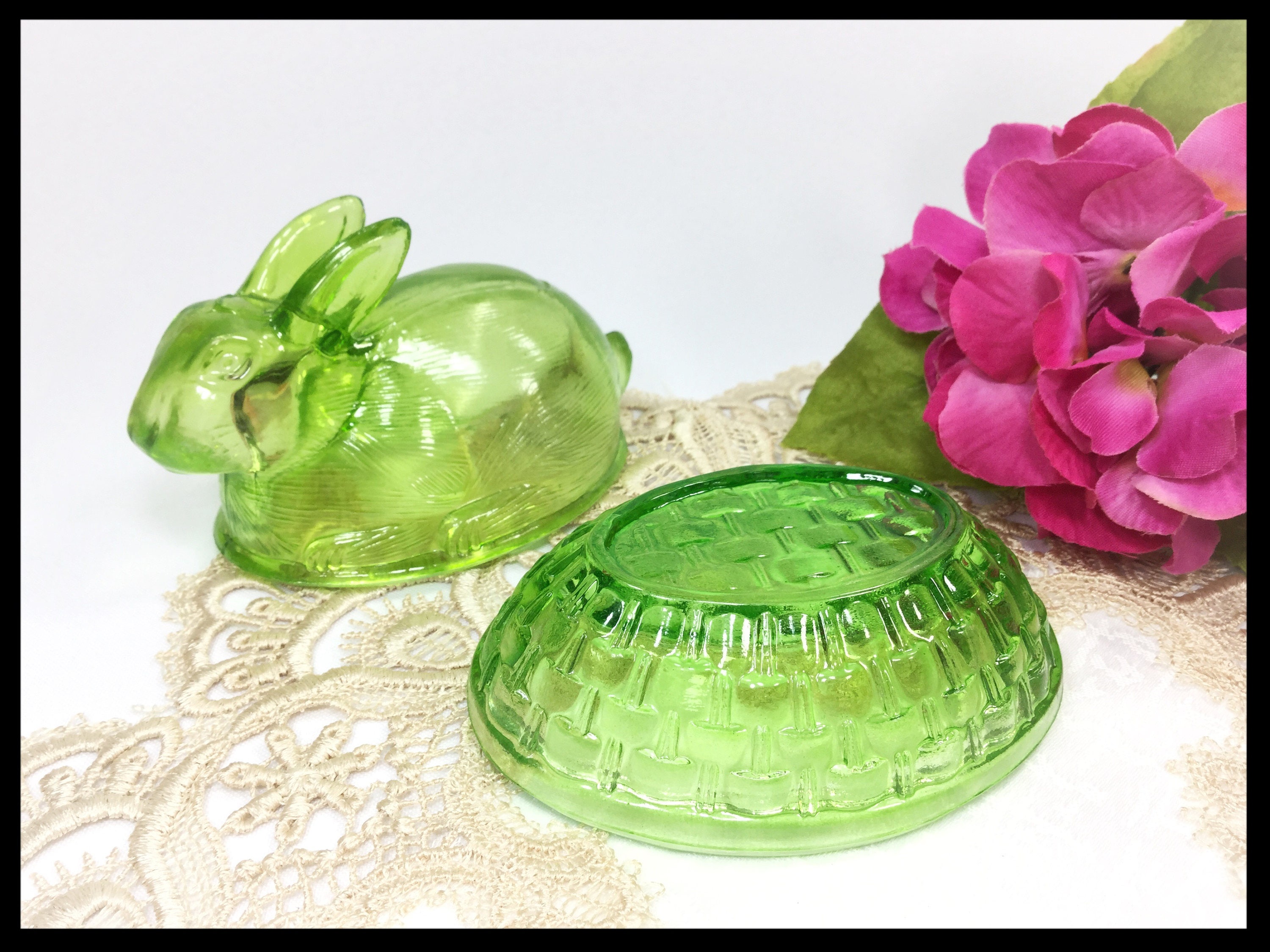 Green Bunny Depression Glass Jar, Green Glass Rabbit Jar, Powder Jar ...