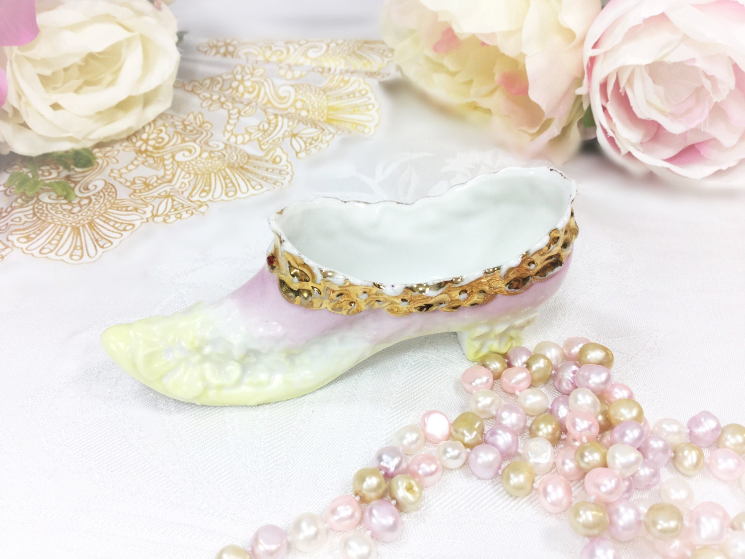 Porcelain Gilt Boot, Porcelain Shoe, Shoe Trinket Tray, Office Decor ...