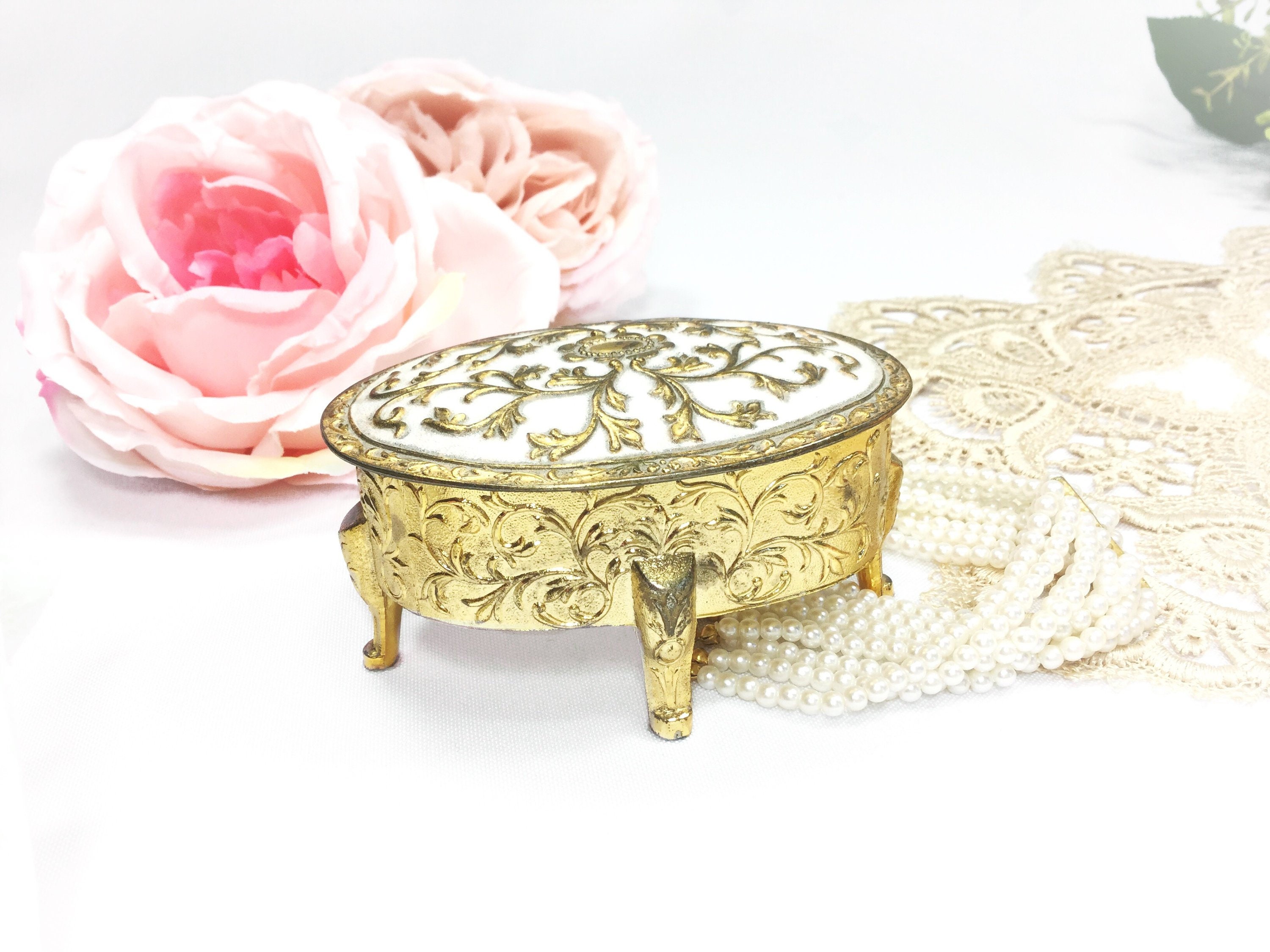 Baroque Gold Toned Floral Trinket Box, Gold Victorian Jewlery Box ...