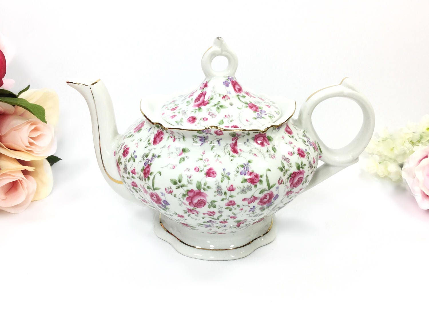 Lefton Rose Chintz Musical Teapot, Lefton Chintz Teapot Perfect for Tea ...