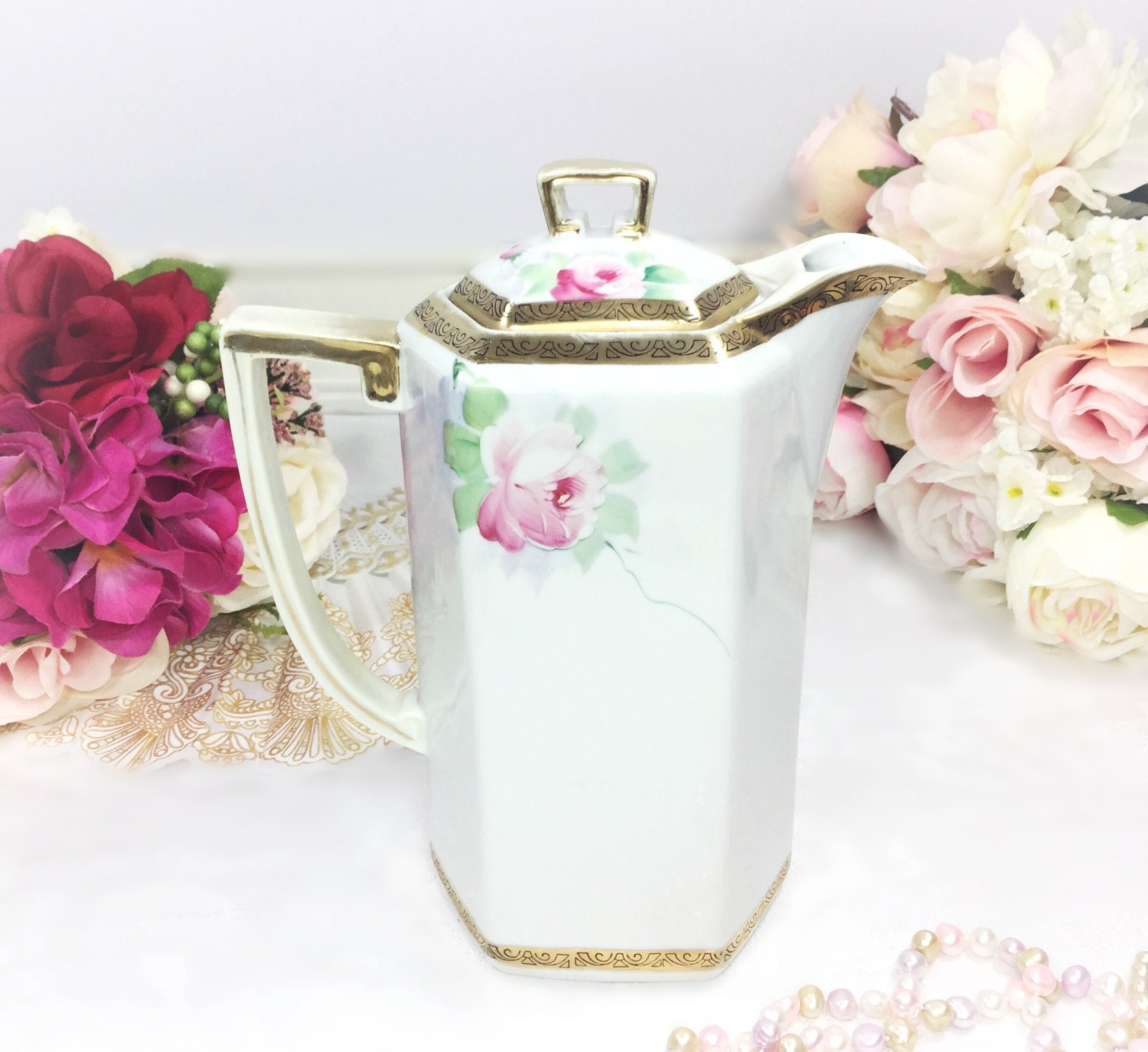 Lefton Full Sized Floral Porcelain Coffee Pot, Lefton Chocolate Pot ...