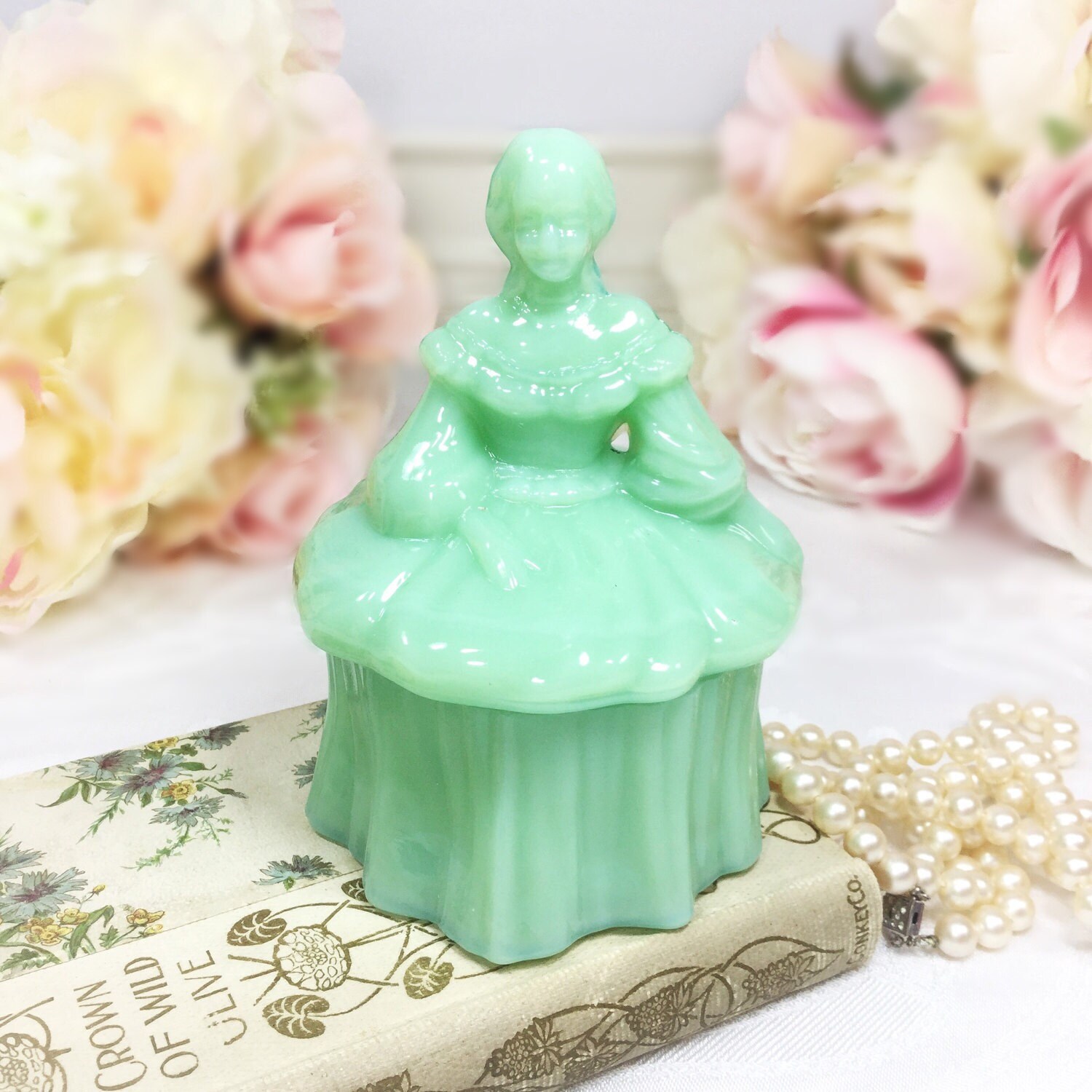 Jadeite Mosser Green Glass Powder Trinket Box Woman Colonial Victorian ...