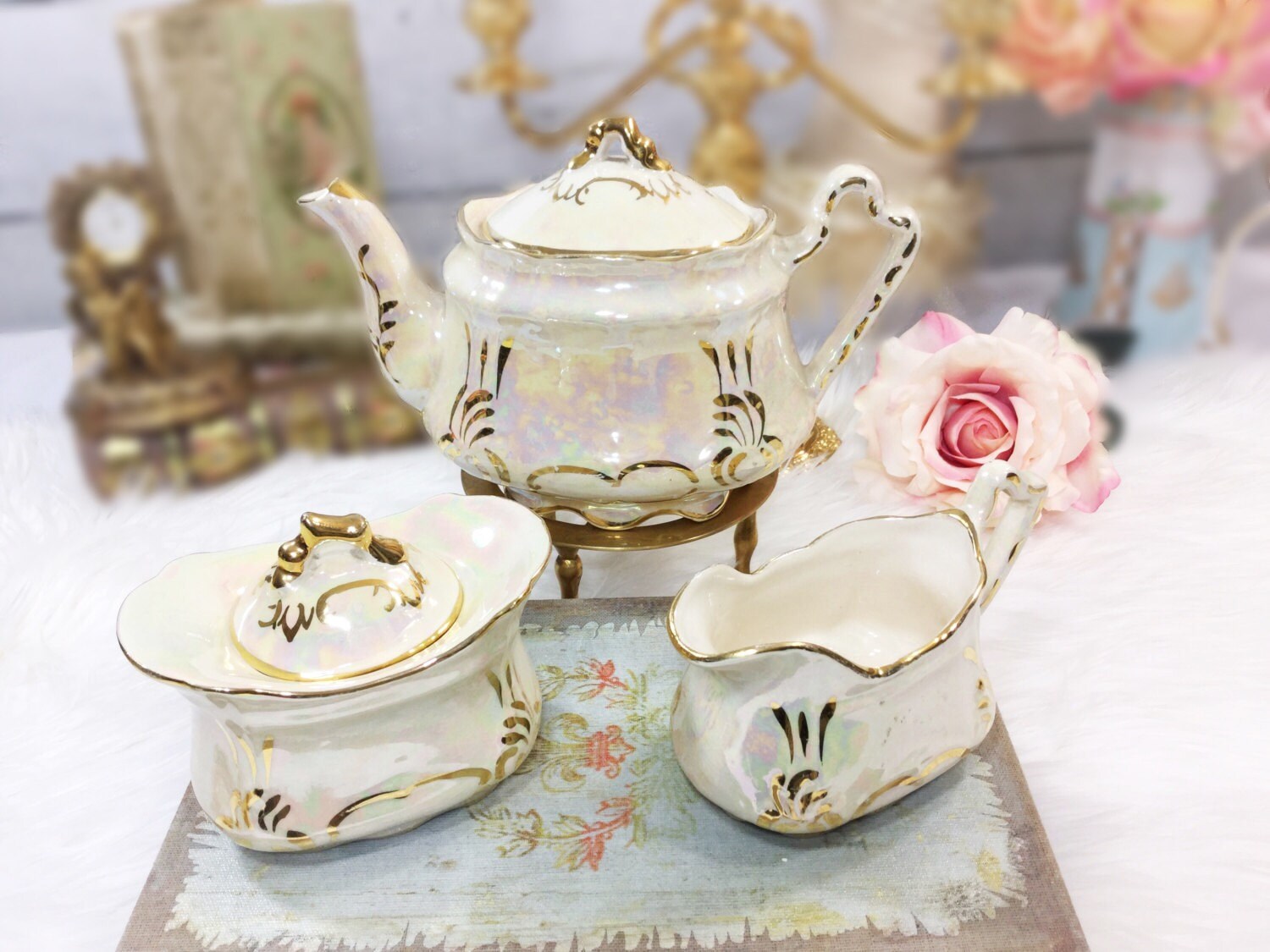 Arthur Wood 3 Piece English Teapot Set, Gold Lusterware Teapot, Creamer ...