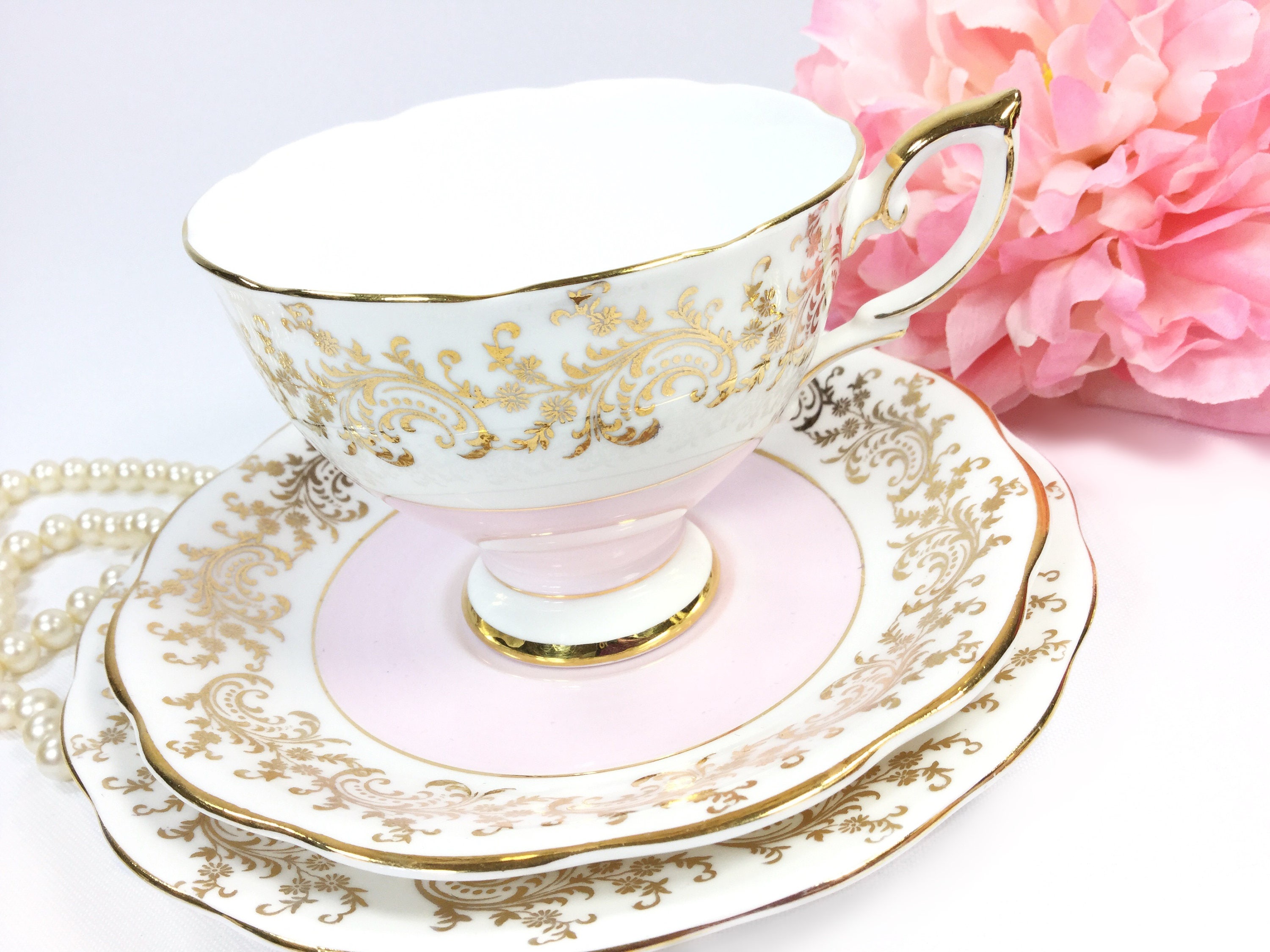 Royal Standard English Tea Trio, Pink & Gold Filigree Bone China ...