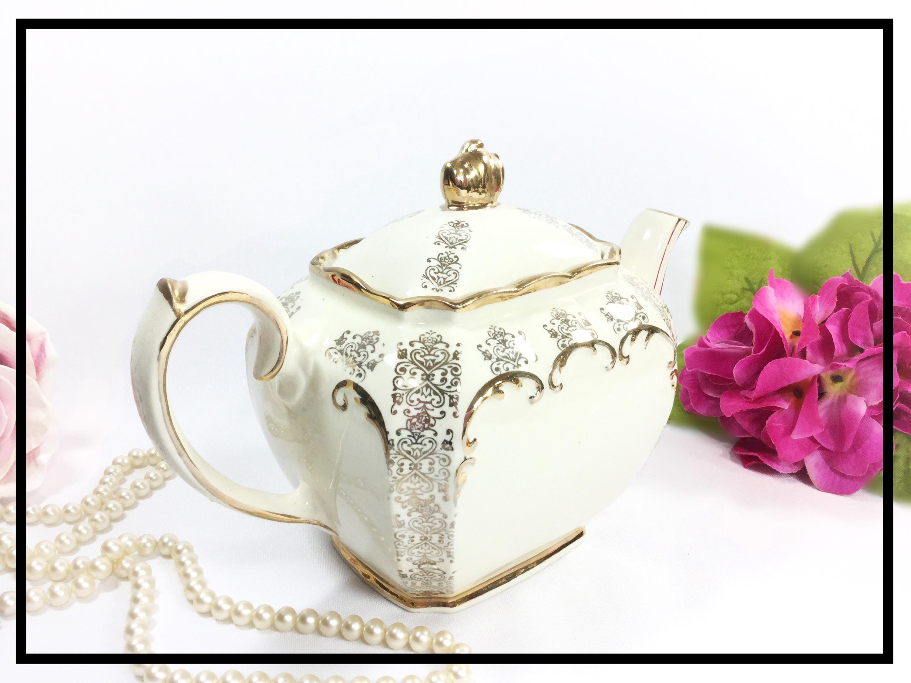 Gorgeous Cubed Sadler English Floral Gilt Teapot, Sadler Teapot, Cubed ...