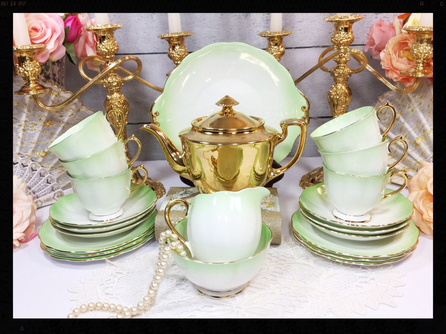 Royal Albert 21 Piece Green Rainbow Complete English Tea Set Trio Cup ...
