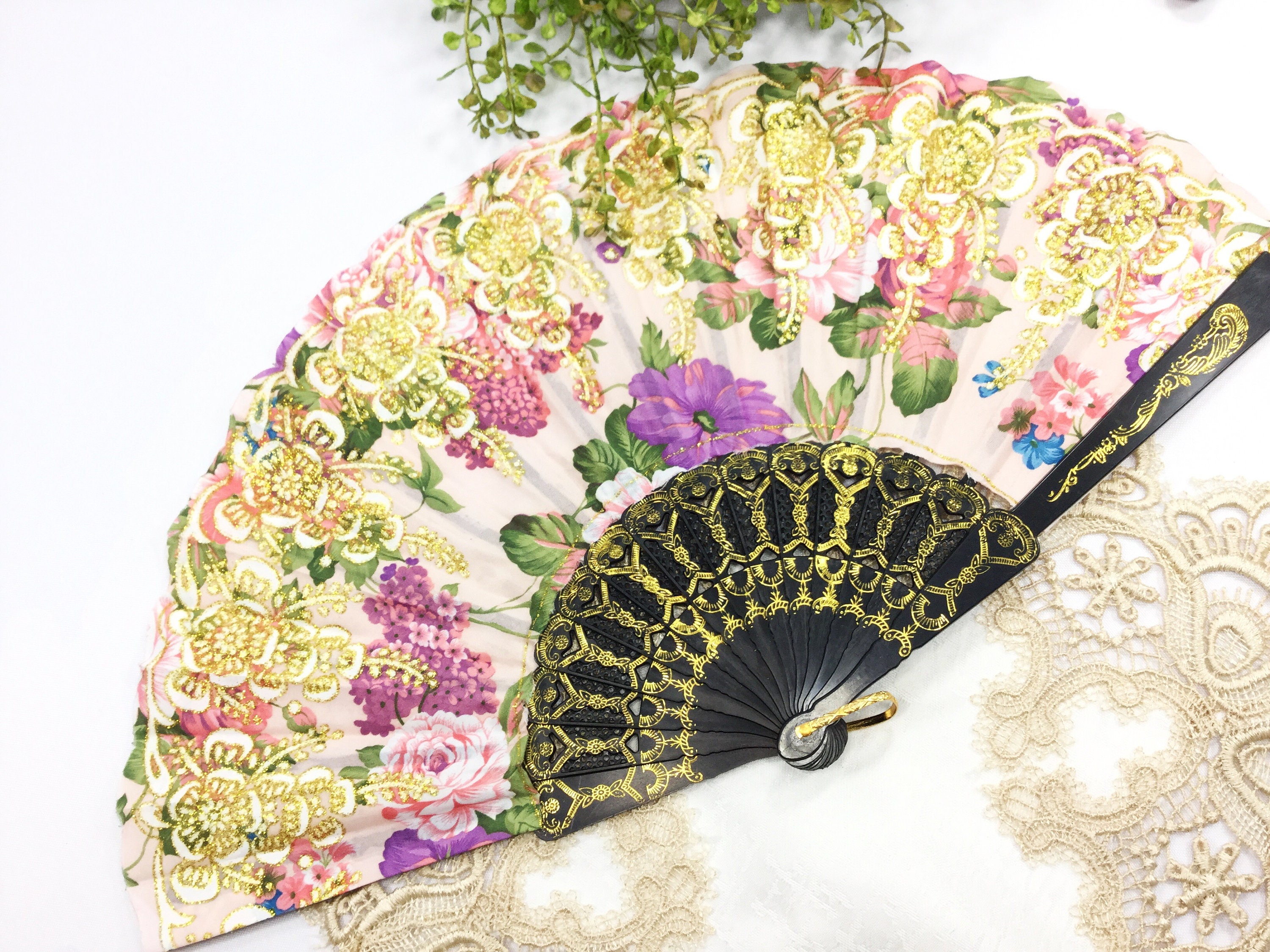 Pink & Purple Floral Folding Fan, Pink Hand Fan For Weddings, Dress up ...