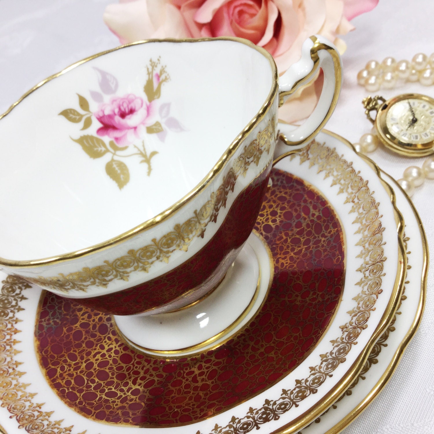 Hammersley Burgundy English Tea Trio, Fine Bone China English Tea Cup ...