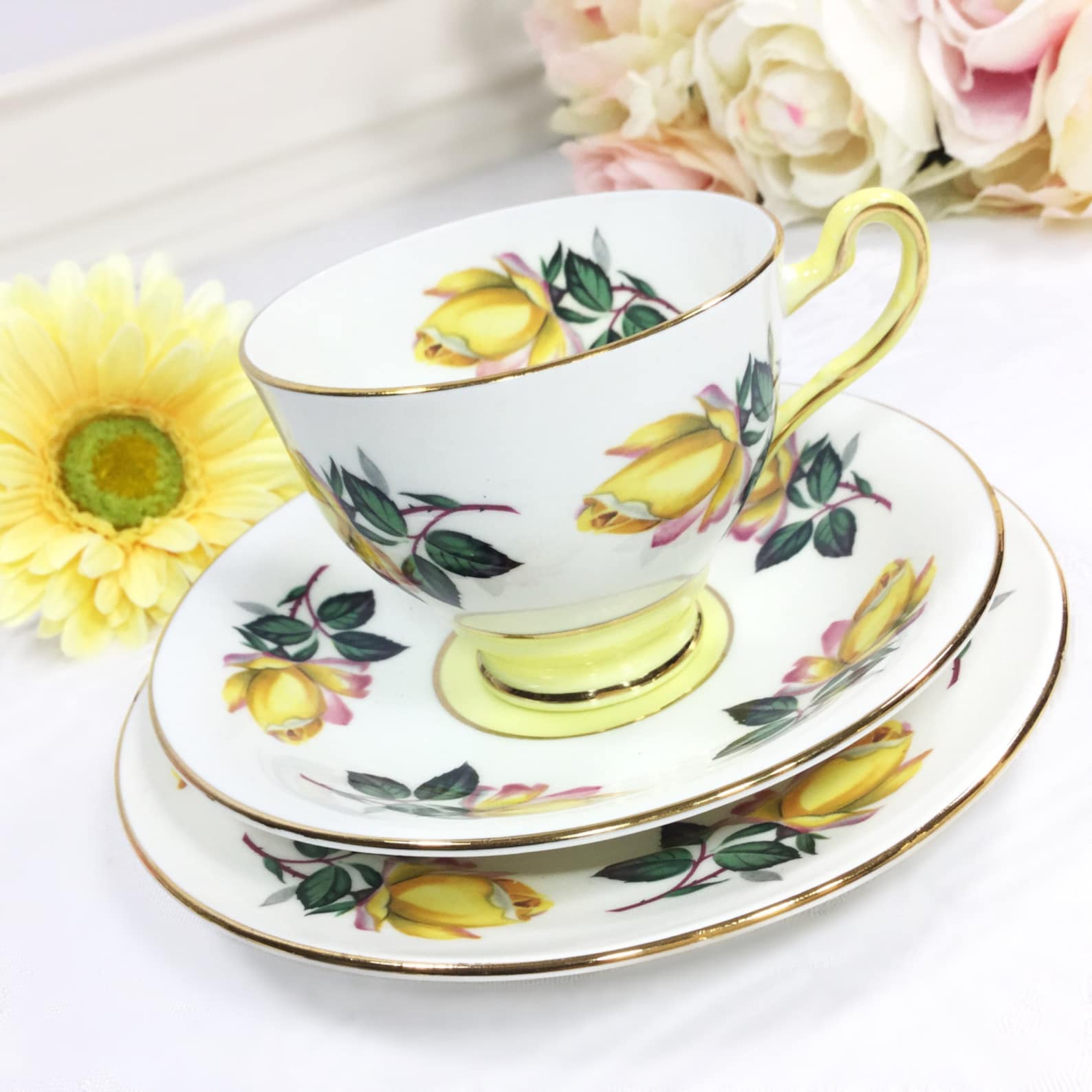 Clare Yellow Rose Bone China Tea Trio, Vintage English Teacup Set #A226 ...