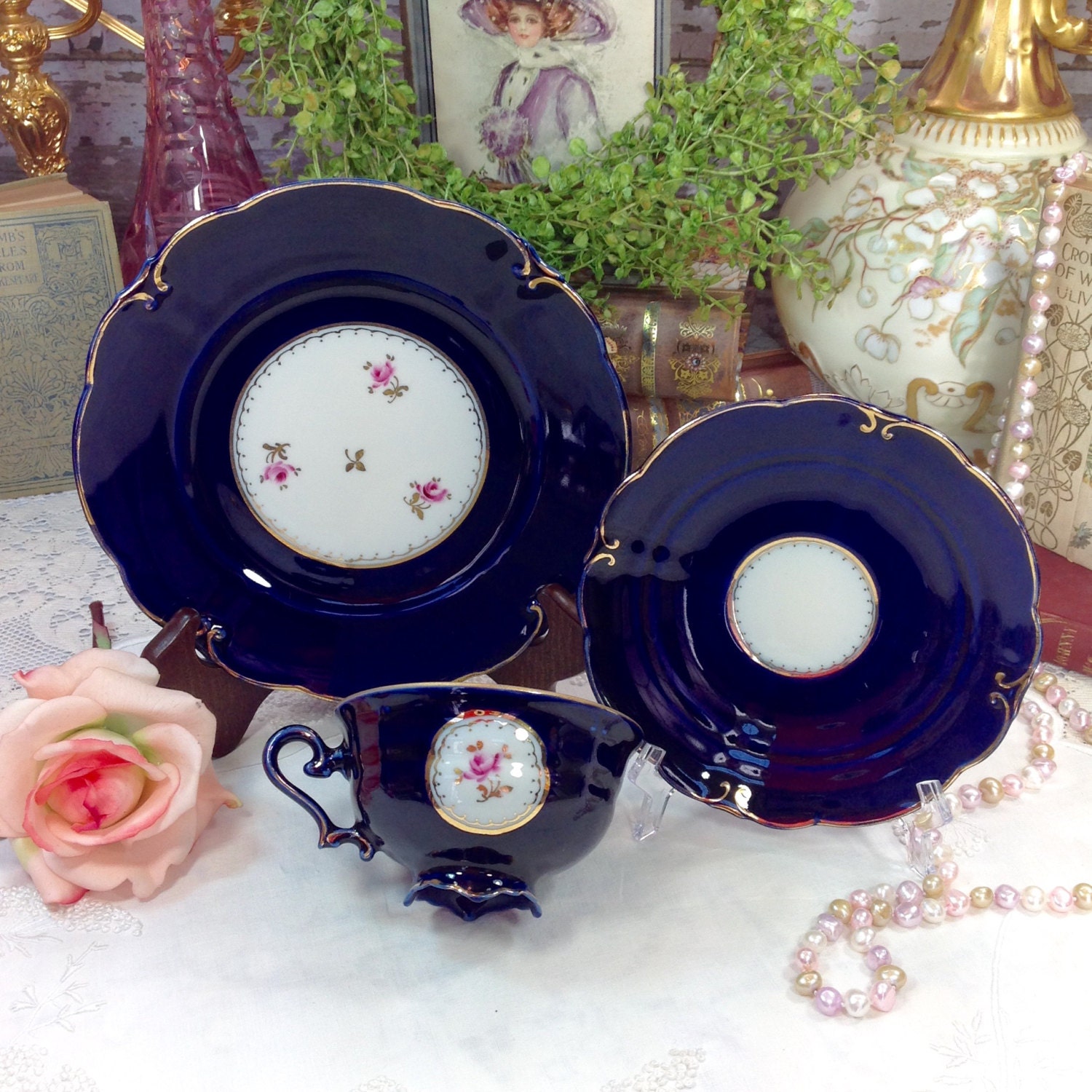 Vintage Cobalt Blue Bavaria German 3 Pc. Pink Floral Tea Set - Etsy
