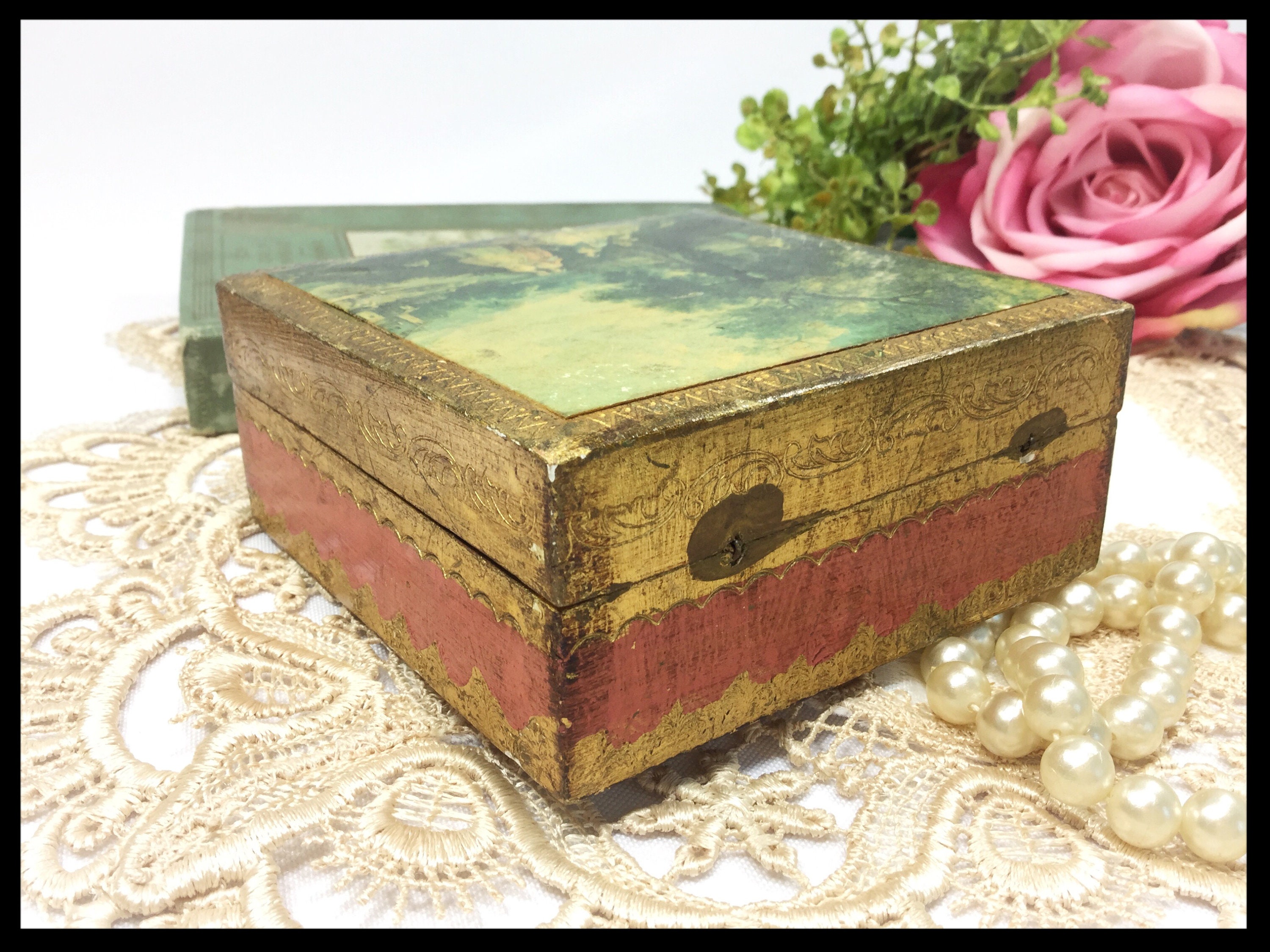 Italian Florentine Scenic Jewelry Box, Portrait Trinket Box, Gold ...