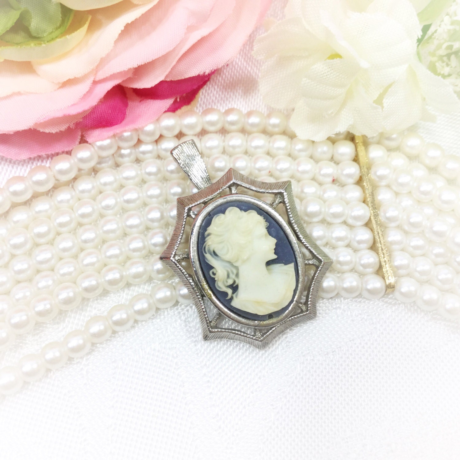 Vintage Blue Cameo Pendant, Silver Toned Cameo Pendant, Cameo Jewelry ...