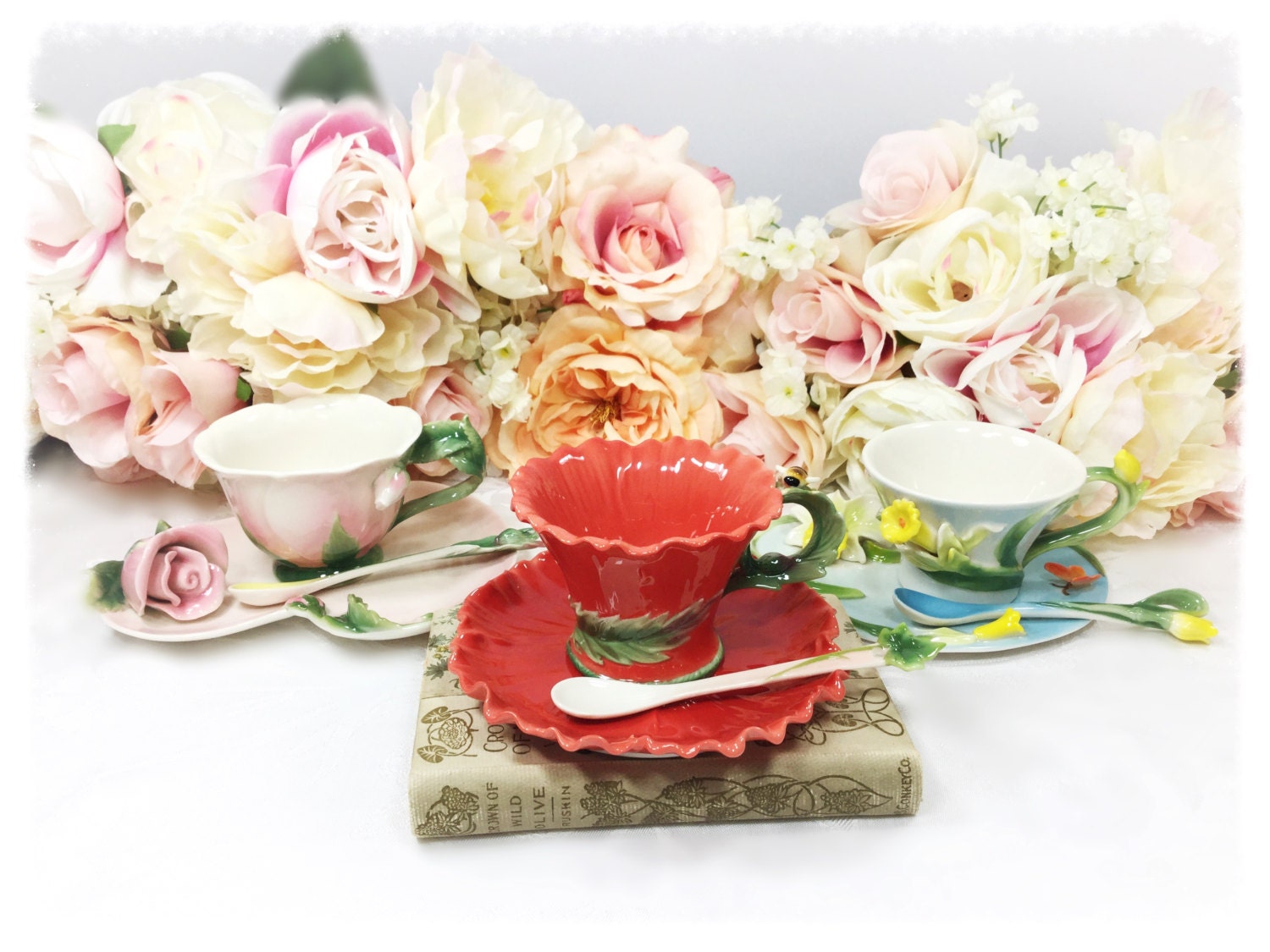 Ceramic Red Flower Tea Trio, Tea Service, Tea Set Cup, Saucer, Spoon ...