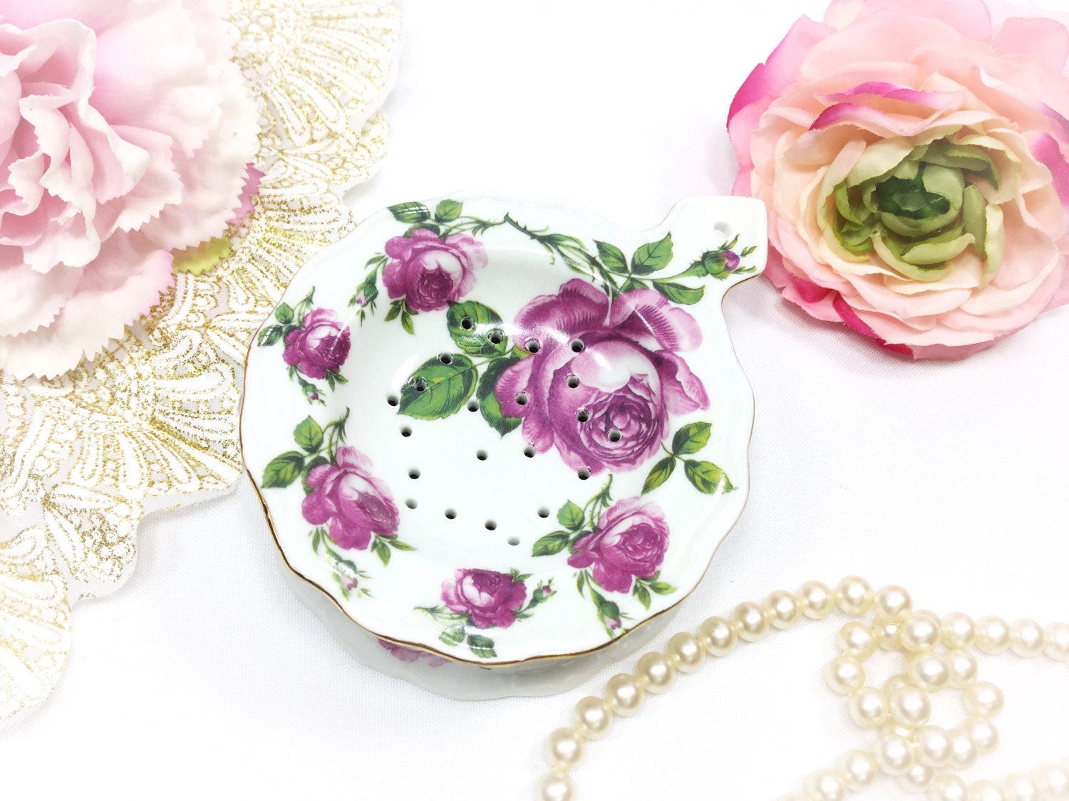 RESERVED- Victorian Inspired Tea Strainer, Pink Rose Porcelain Tea ...