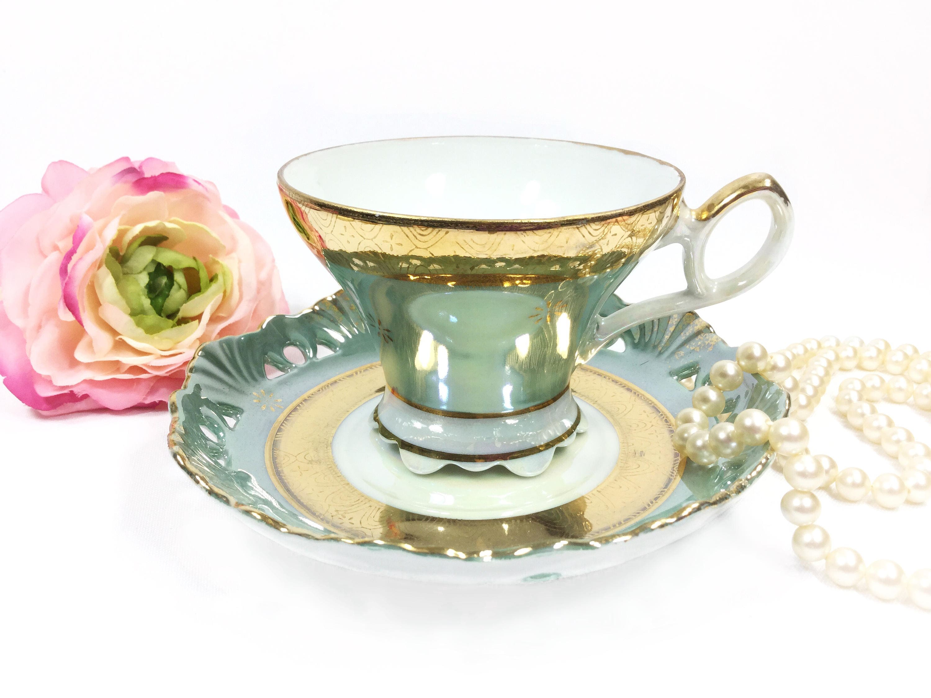 Vintage Sea Foam Green & Gold Lusterware Teacup and Reticulated Saucer ...