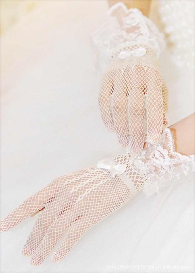 White Lace Ladies Above Wrist Length Gloves W/ Lace Ruffle Perfect for ...