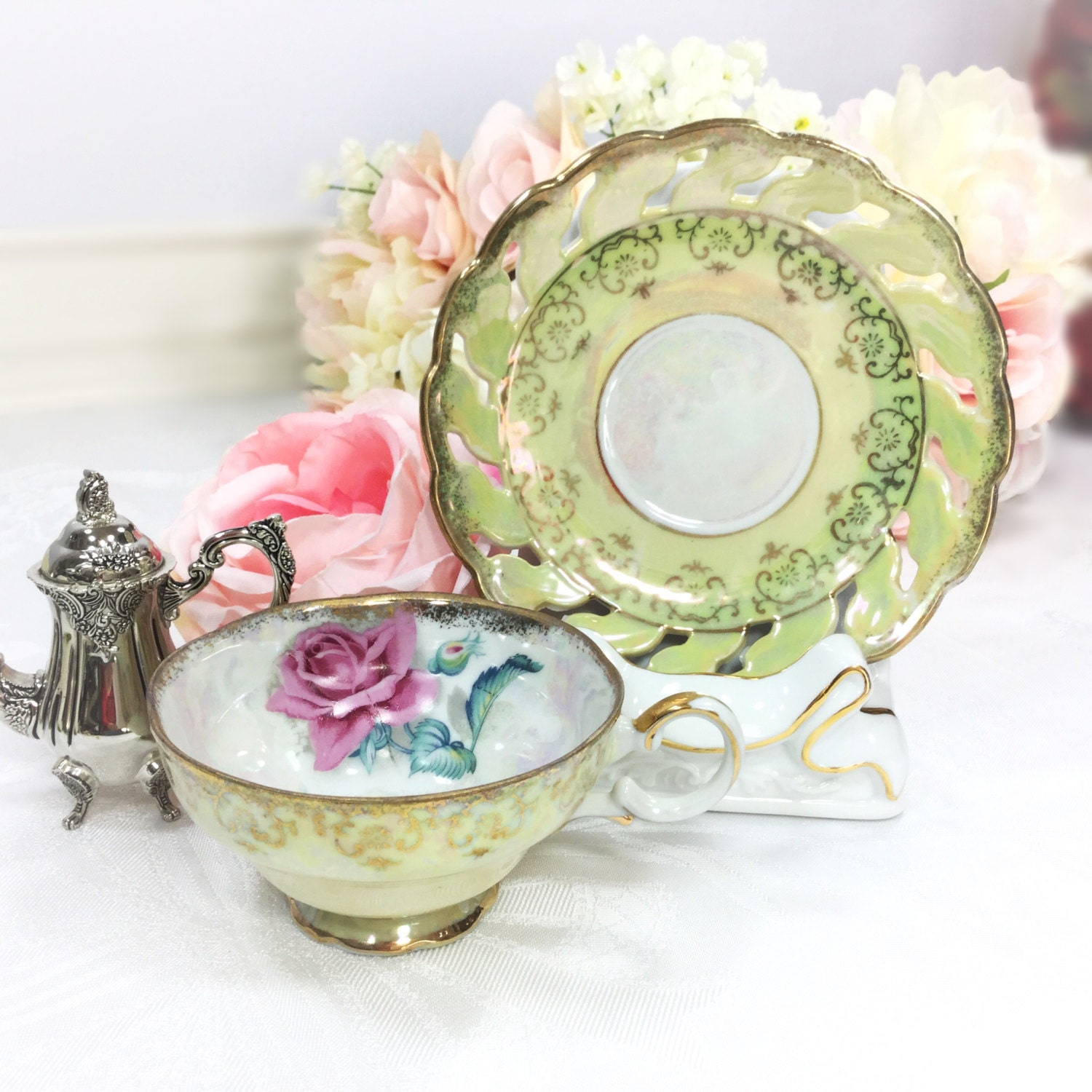 Yellow Lusterware Teacup & Reticulated Saucer, China Tea Set, for ...
